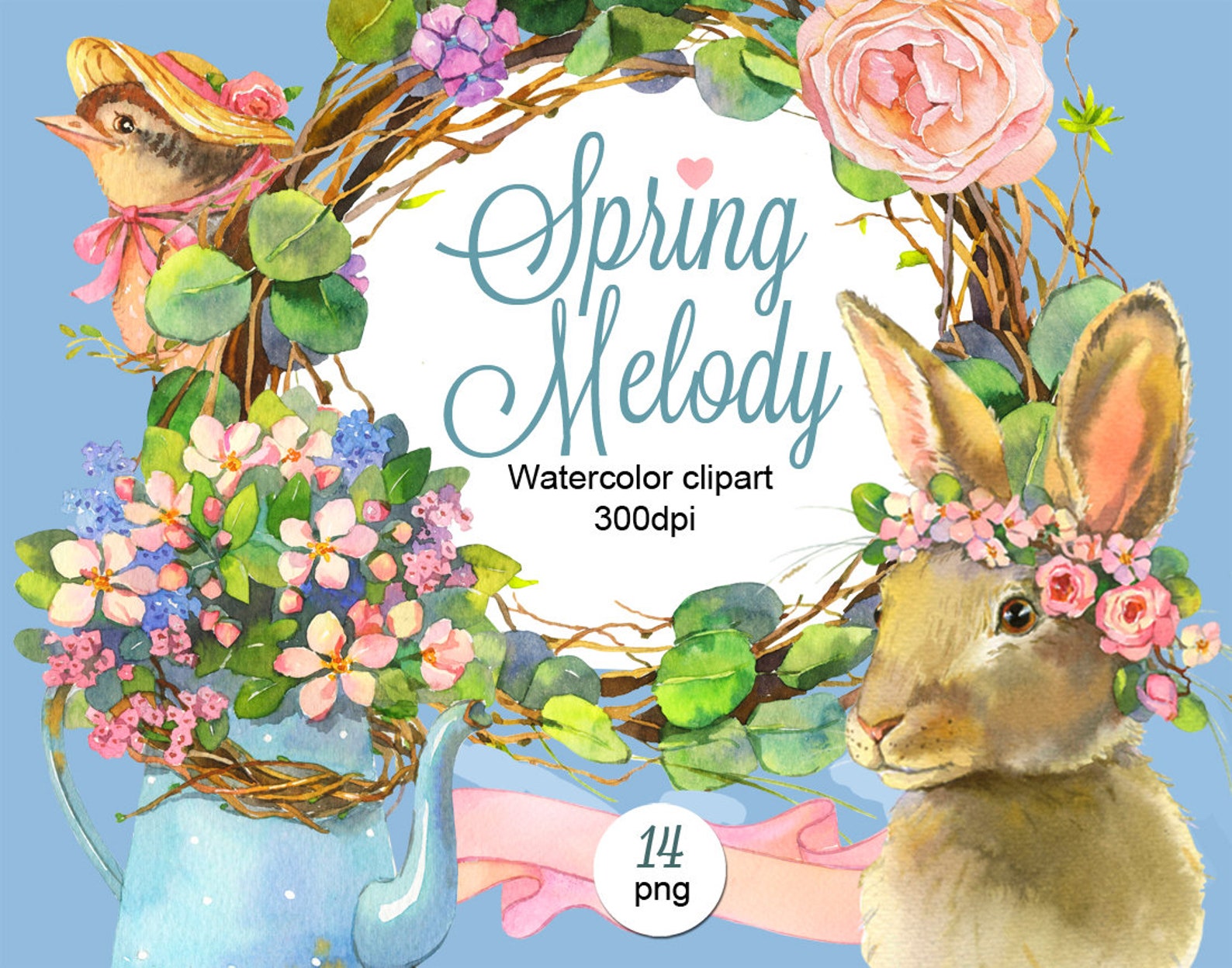 Watercolor Spring Flower Clipart Set. Realistic Wreath, Hare, Deer ...