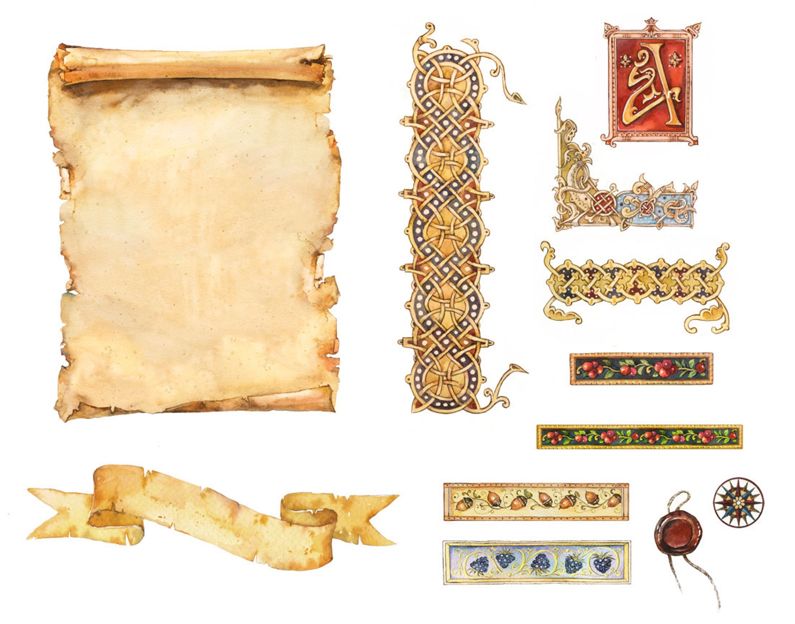 Old Paper Scrolls and Ornaments, Digital Watercolor Clipart, PNG ...