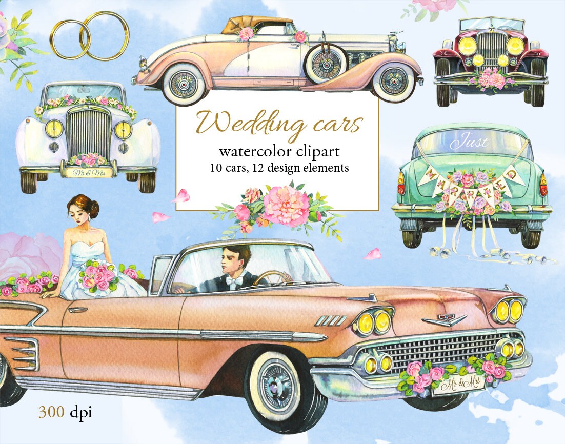 Wedding cars watercolor clipart Cans Car Retro cars Just | Etsy