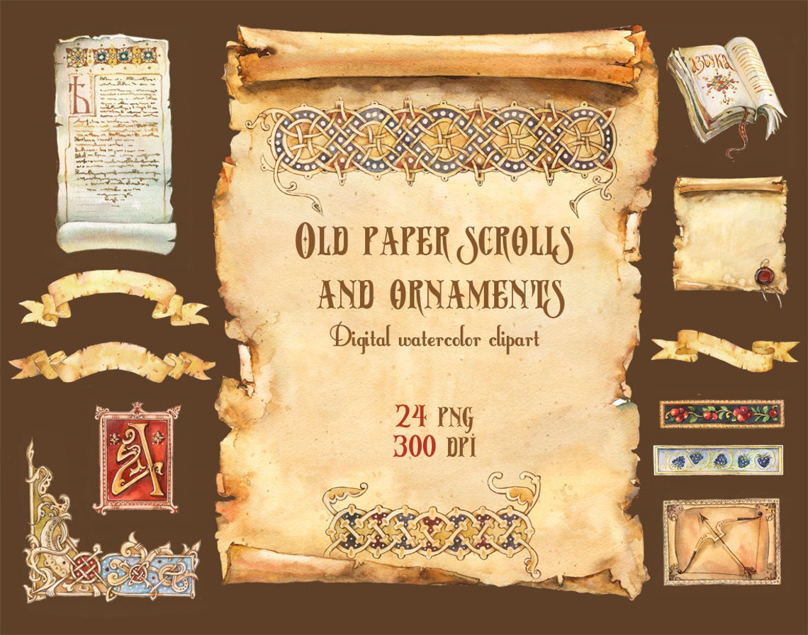 Old Paper Scrolls and Ornaments, Digital Watercolor Clipart, PNG ...