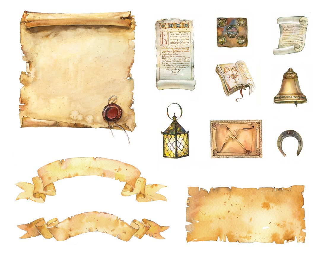Old Paper Scrolls and Ornaments, Digital Watercolor Clipart, PNG ...
