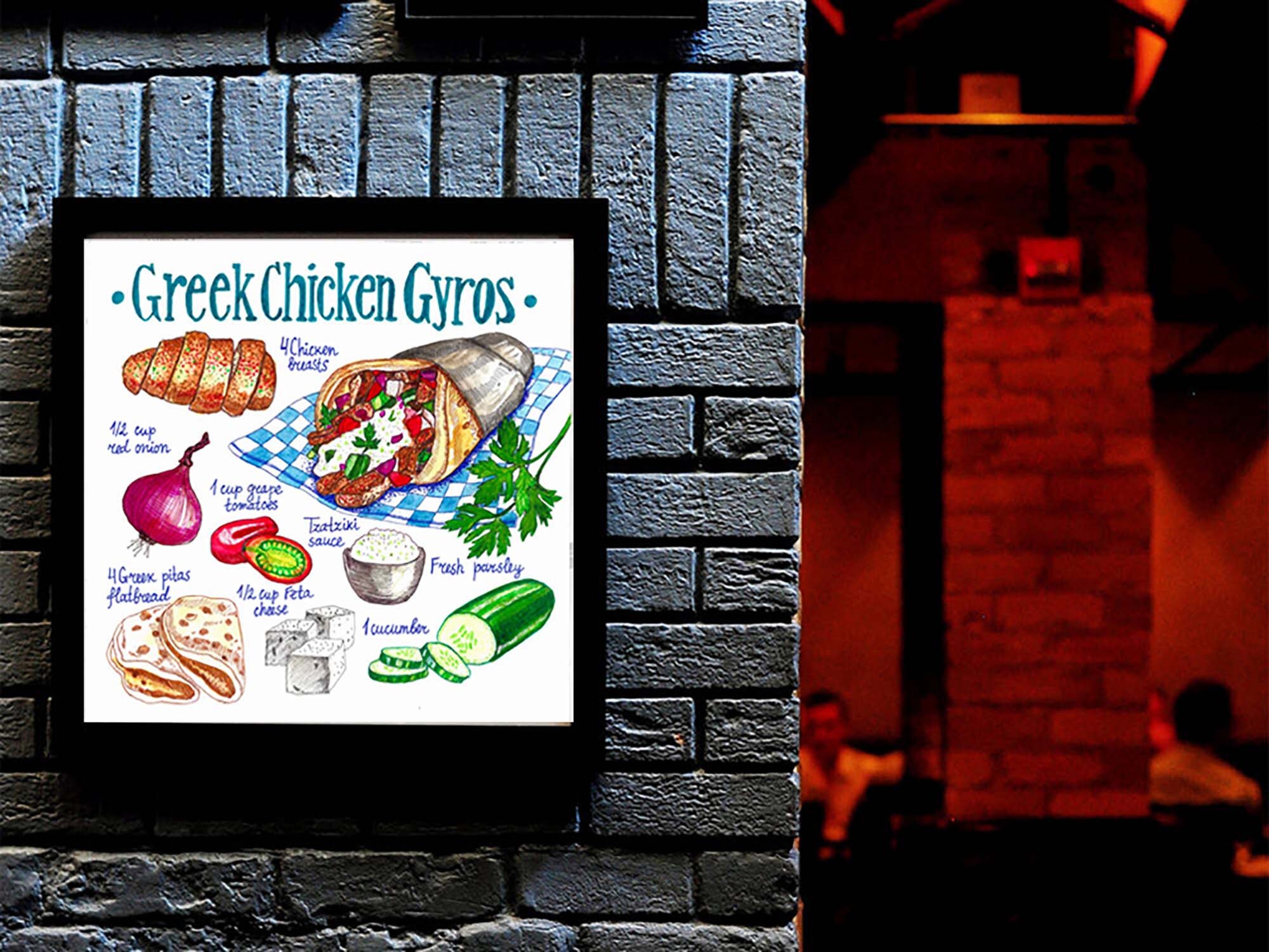 Greek Chicken Gyros Recipe Drawing Recipe Wall Art Kitchen - Etsy