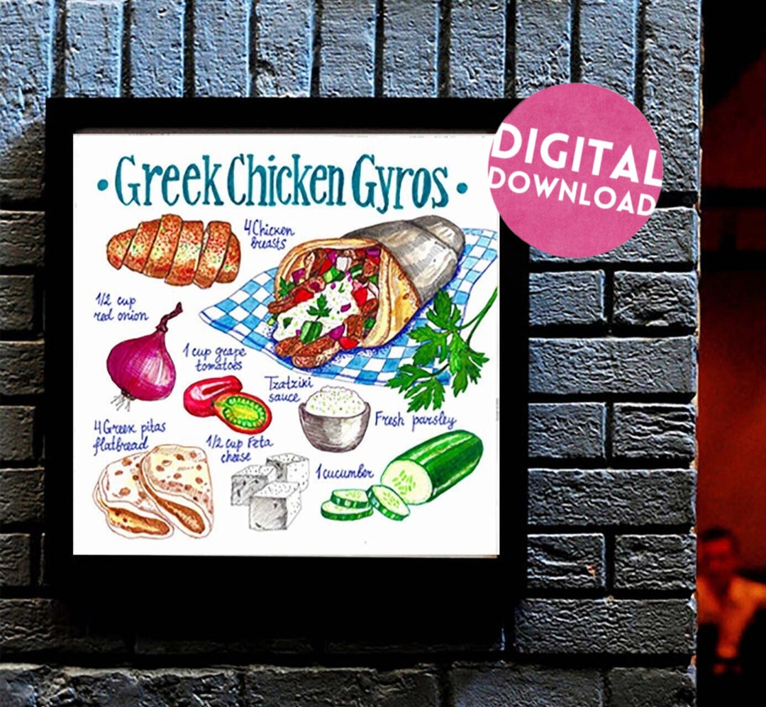 Greek Chicken Gyros Recipe, Drawing Recipe, Wall Art, Kitchen ...