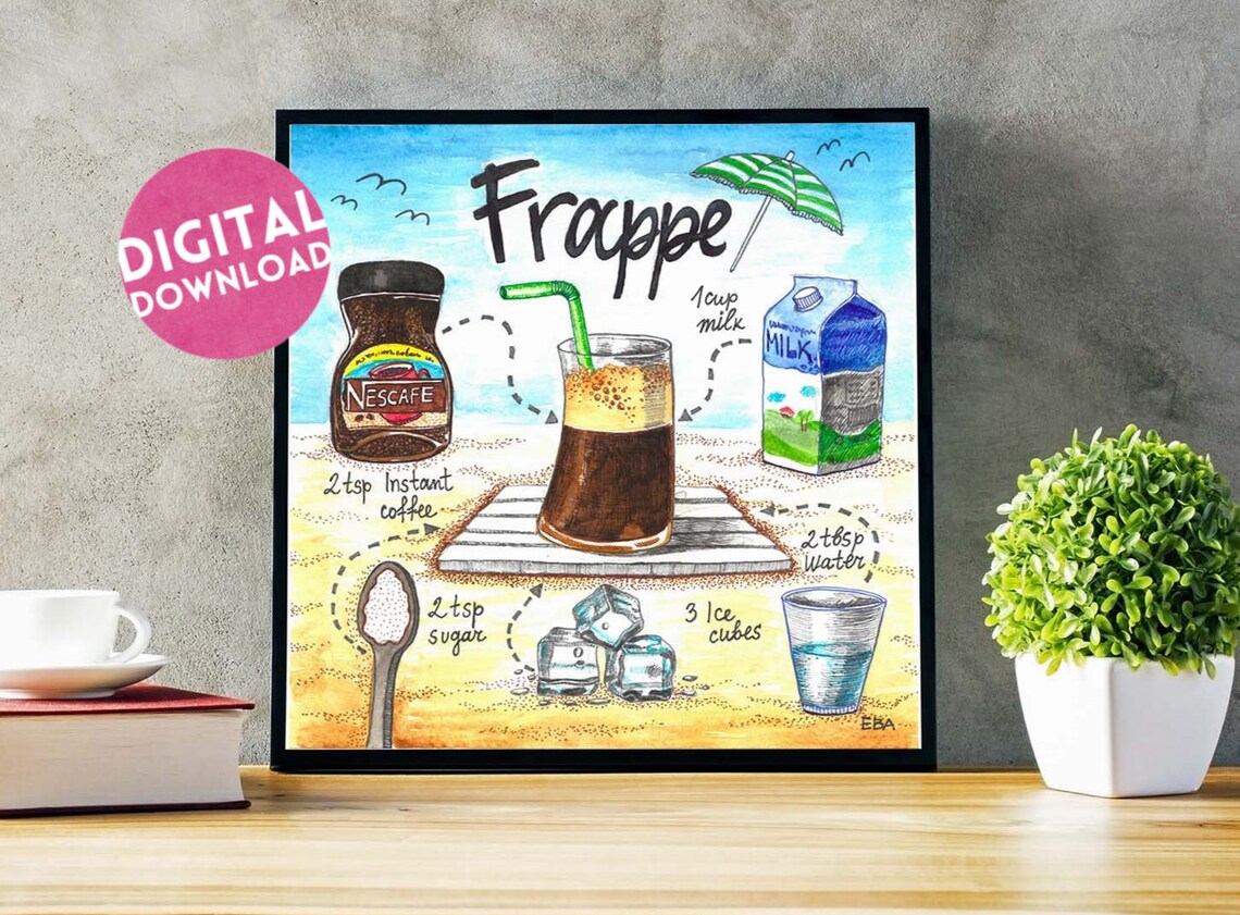 Frappe Drawing Recipe, Kitchen Decor, Instant Digital Download, Kitchen ...