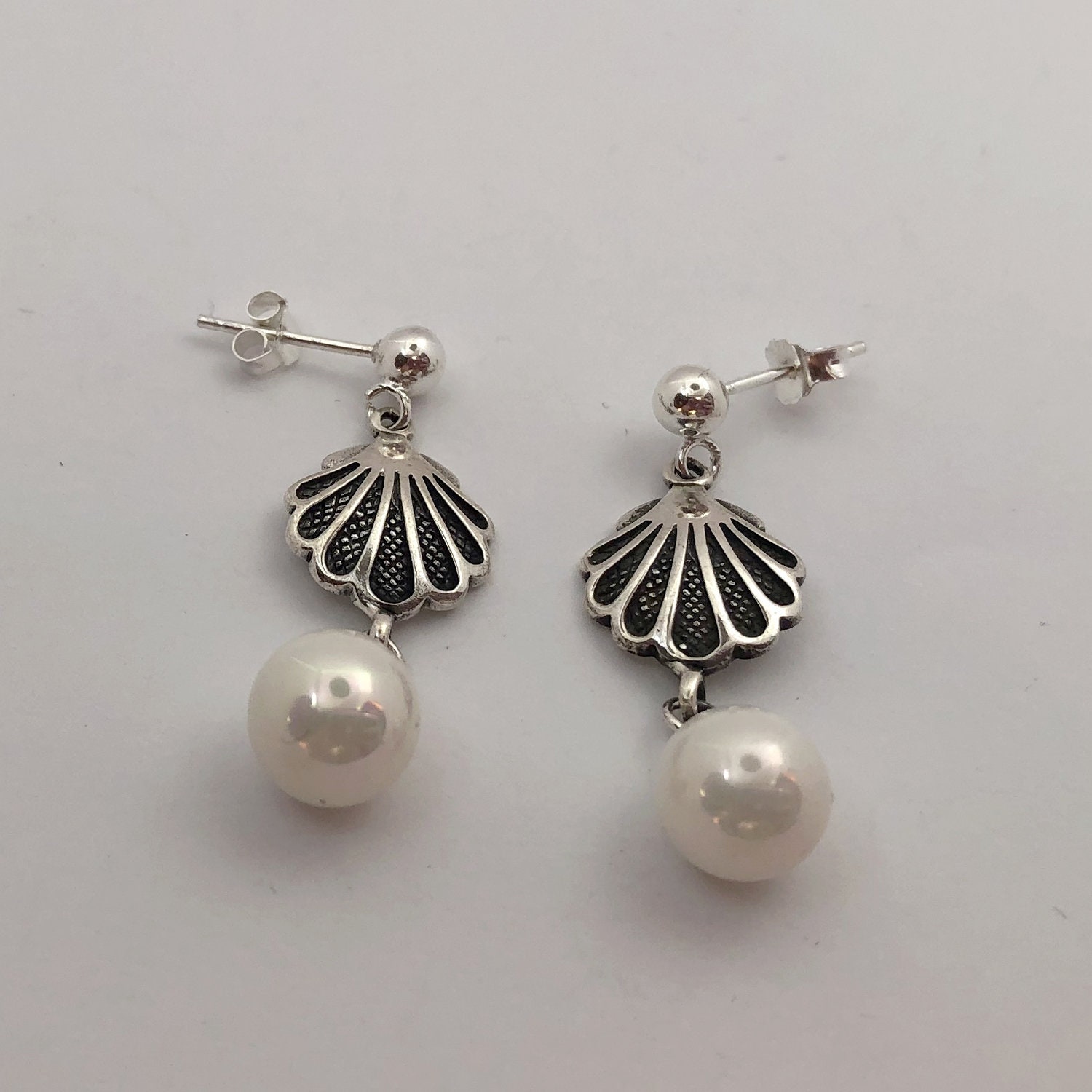 Silver Shell Earrings Concha con Perla Pearl Earrings | Etsy