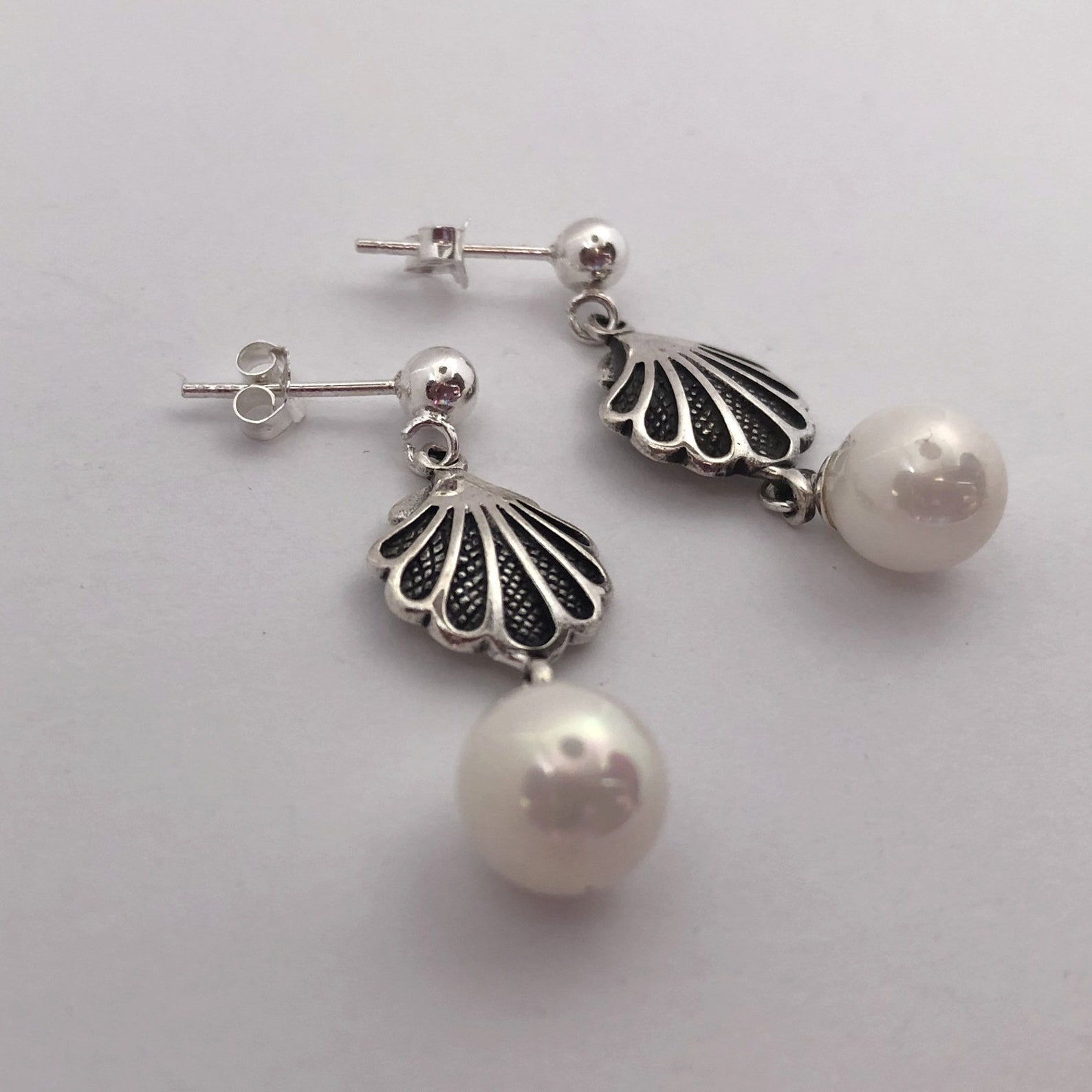 Silver Shell Earrings Concha Con Perla - Pearl Earrings - Sterling ...