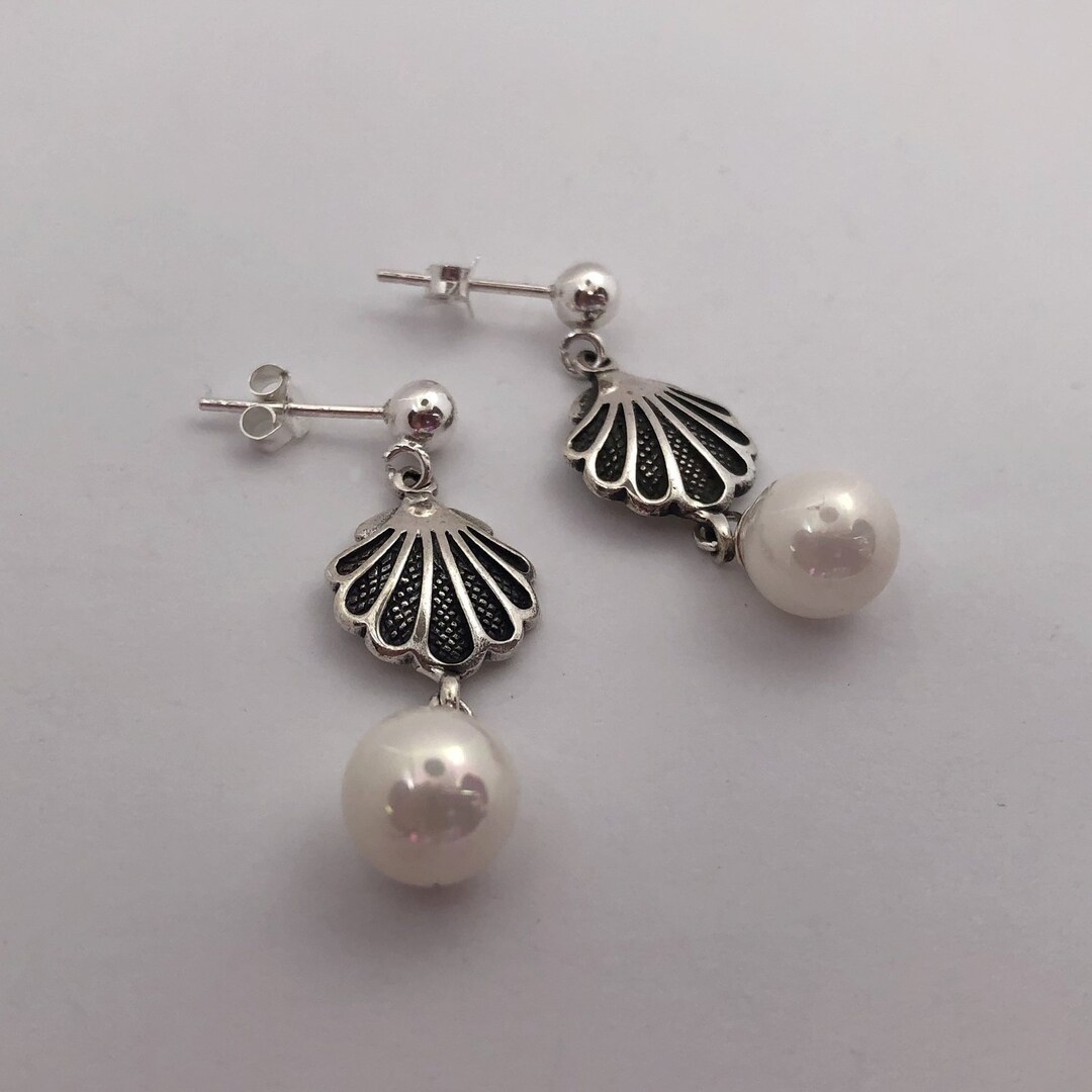 Silver Shell Earrings Concha Con Perla - Pearl Earrings - Sterling ...