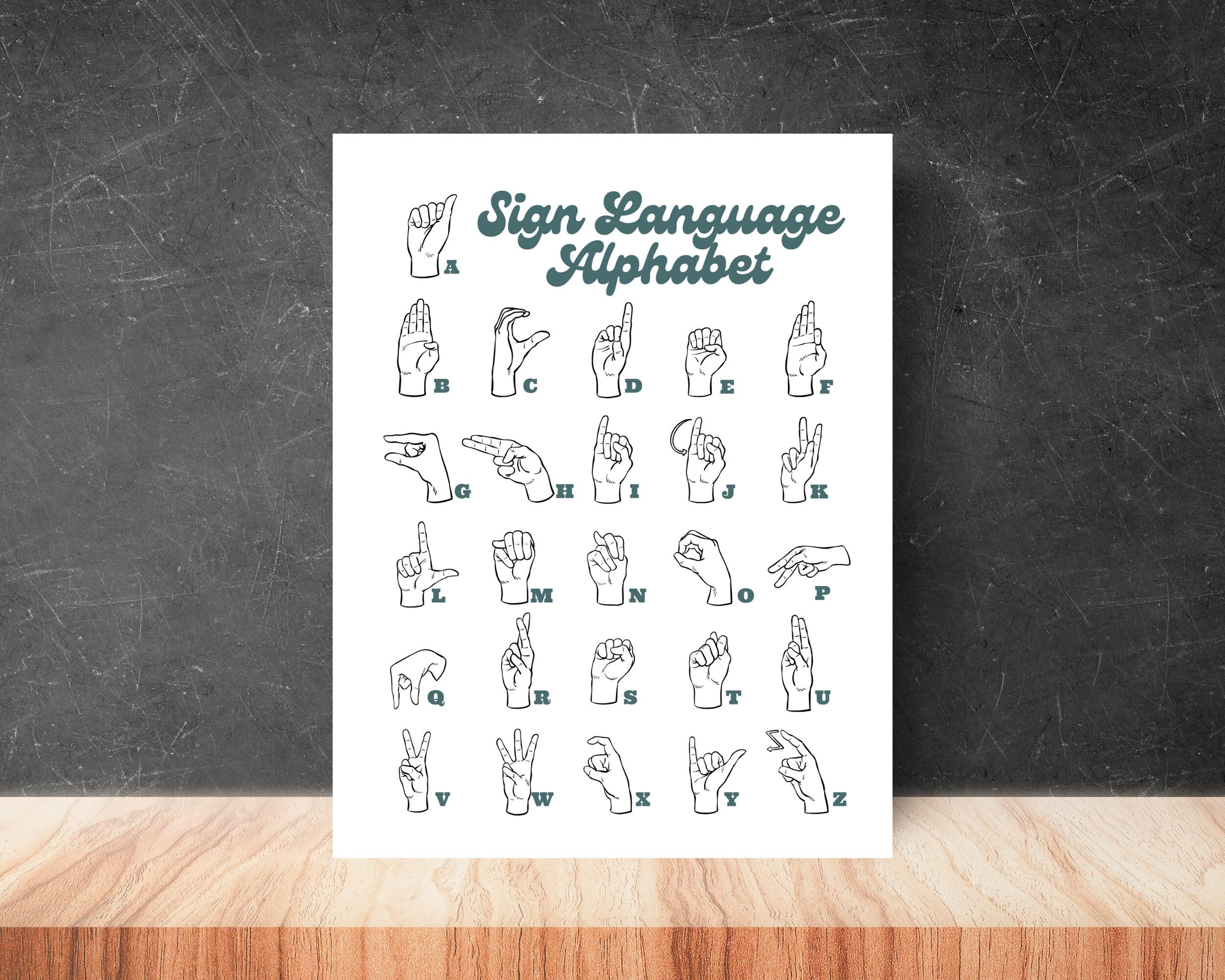ASL Alphabet Poster Printable American Sign Language, Retro Groovy Teal ...