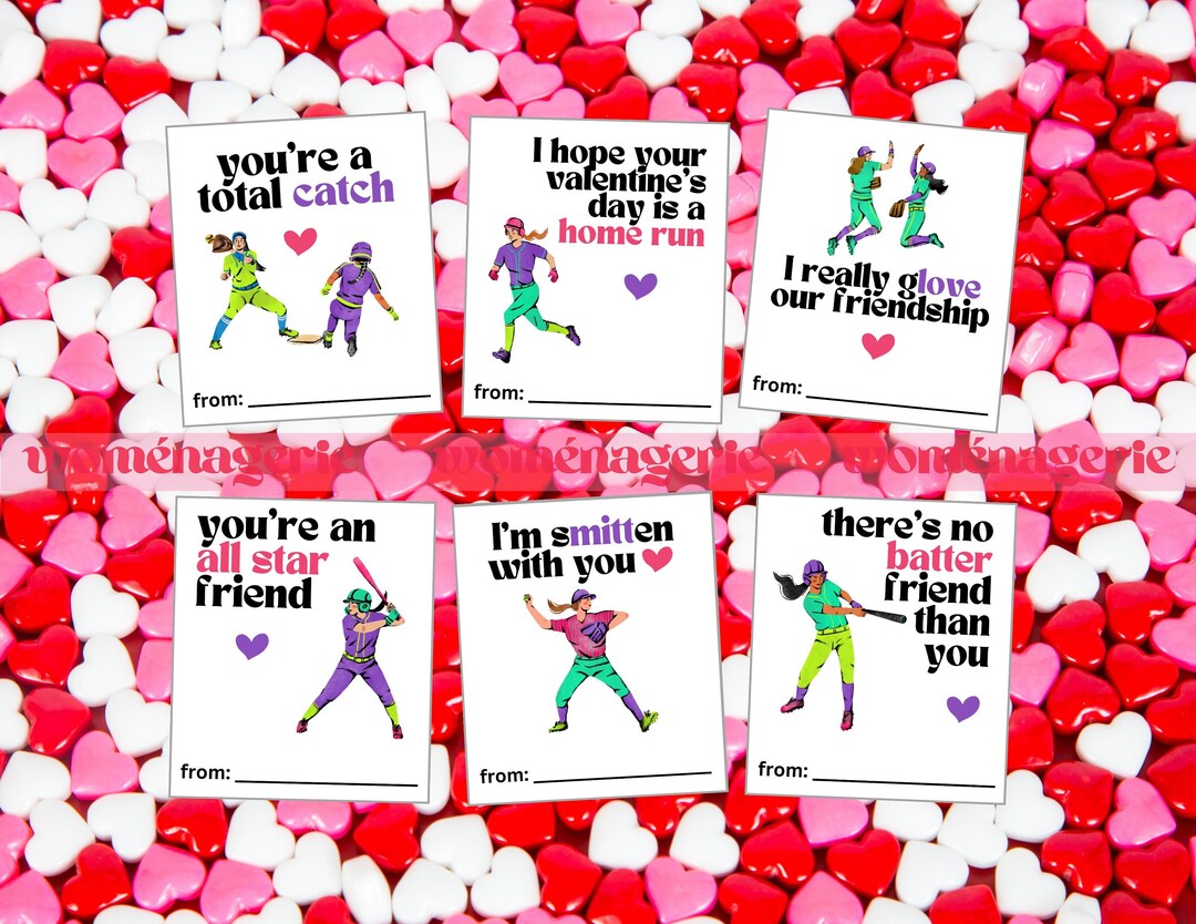 Softball Valentine's Day Cards for School Kids, Puns Printable Exchange, Tween Girls Sports - Etsy