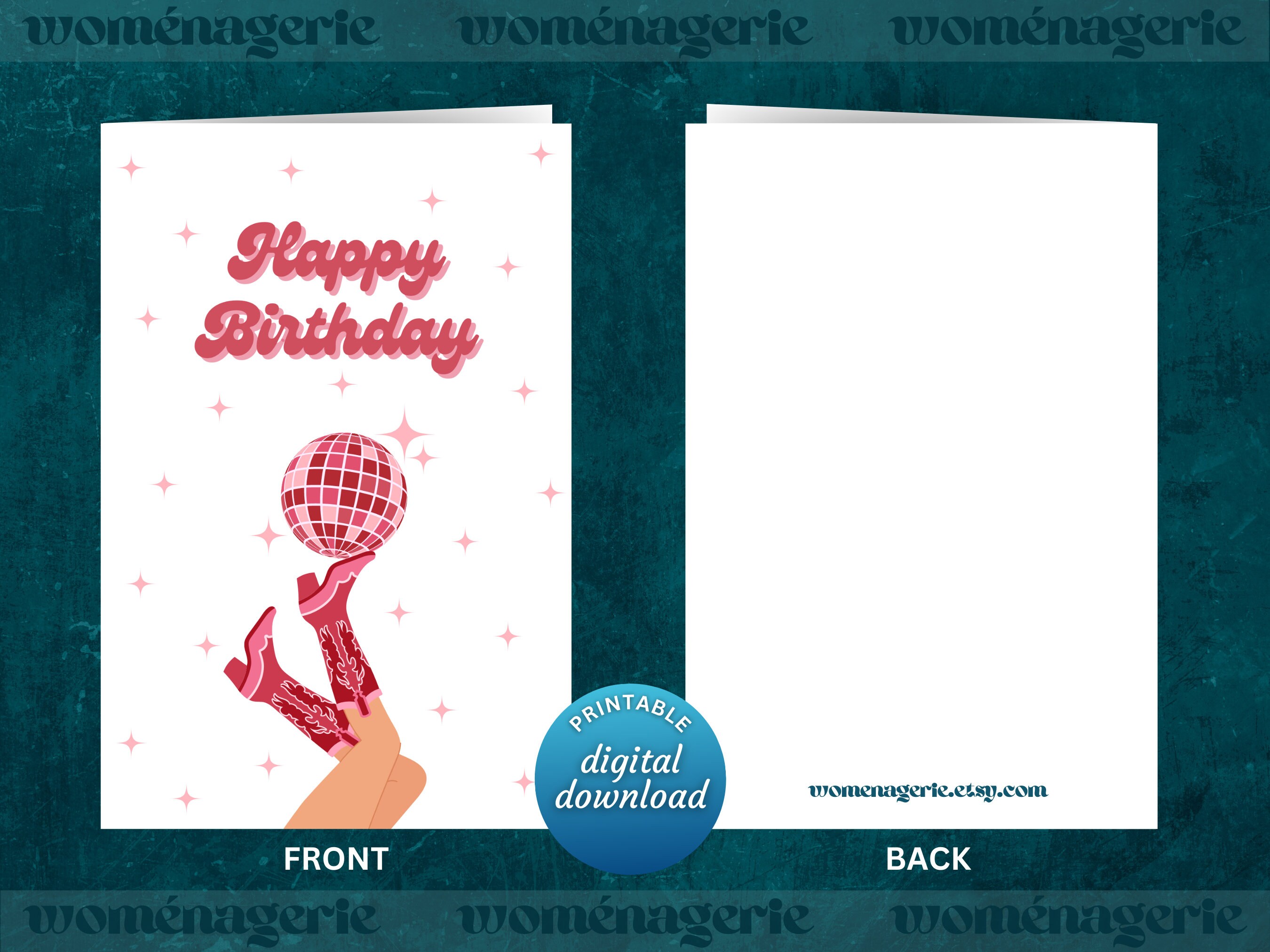 Disco Cowgirl Birthday Card 4x6, Pink Digital Printable Card, Groovy ...