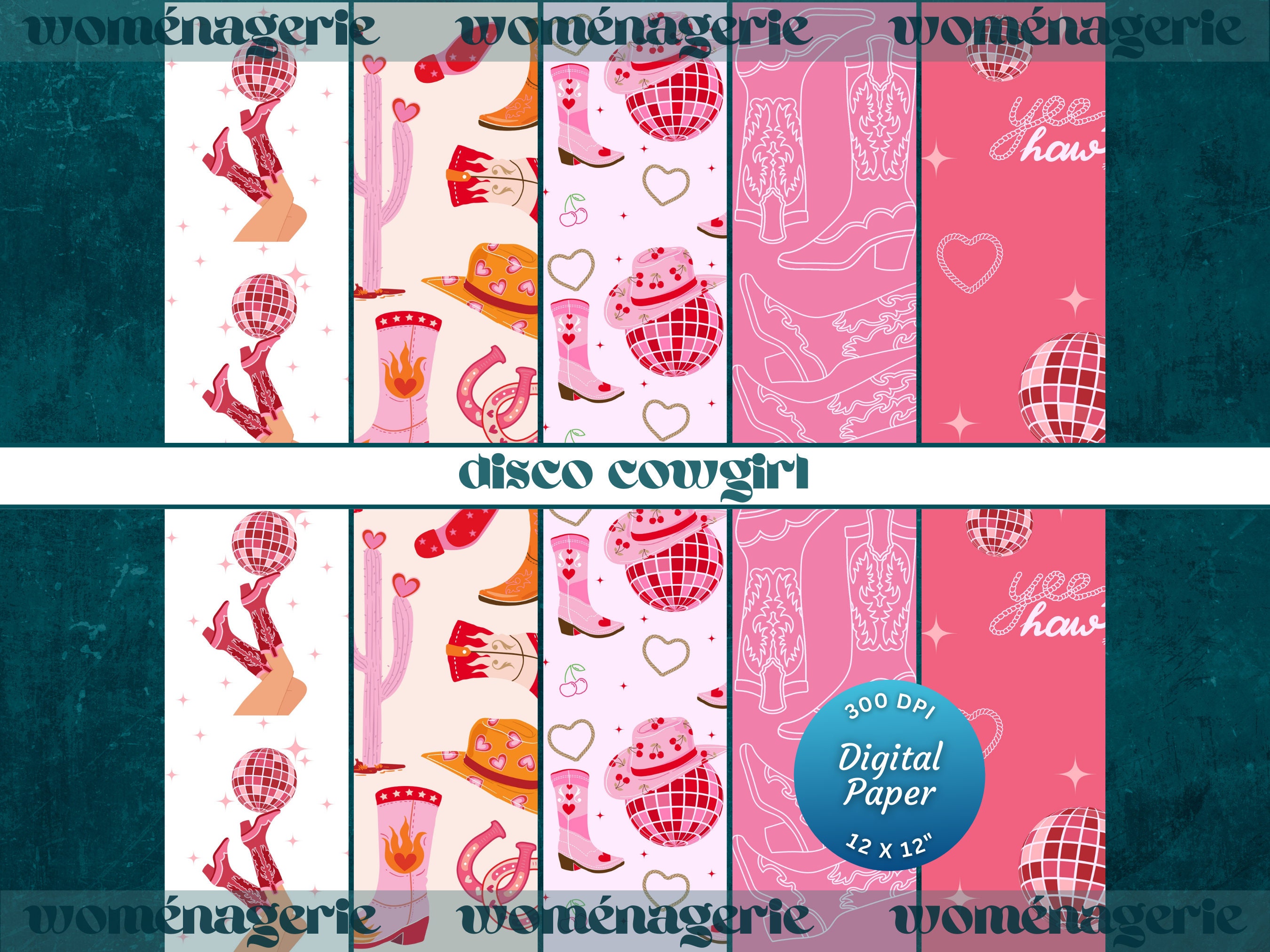 Disco Cowgirl Digital Paper, Set of 5, Pink Retro Western Theme ...
