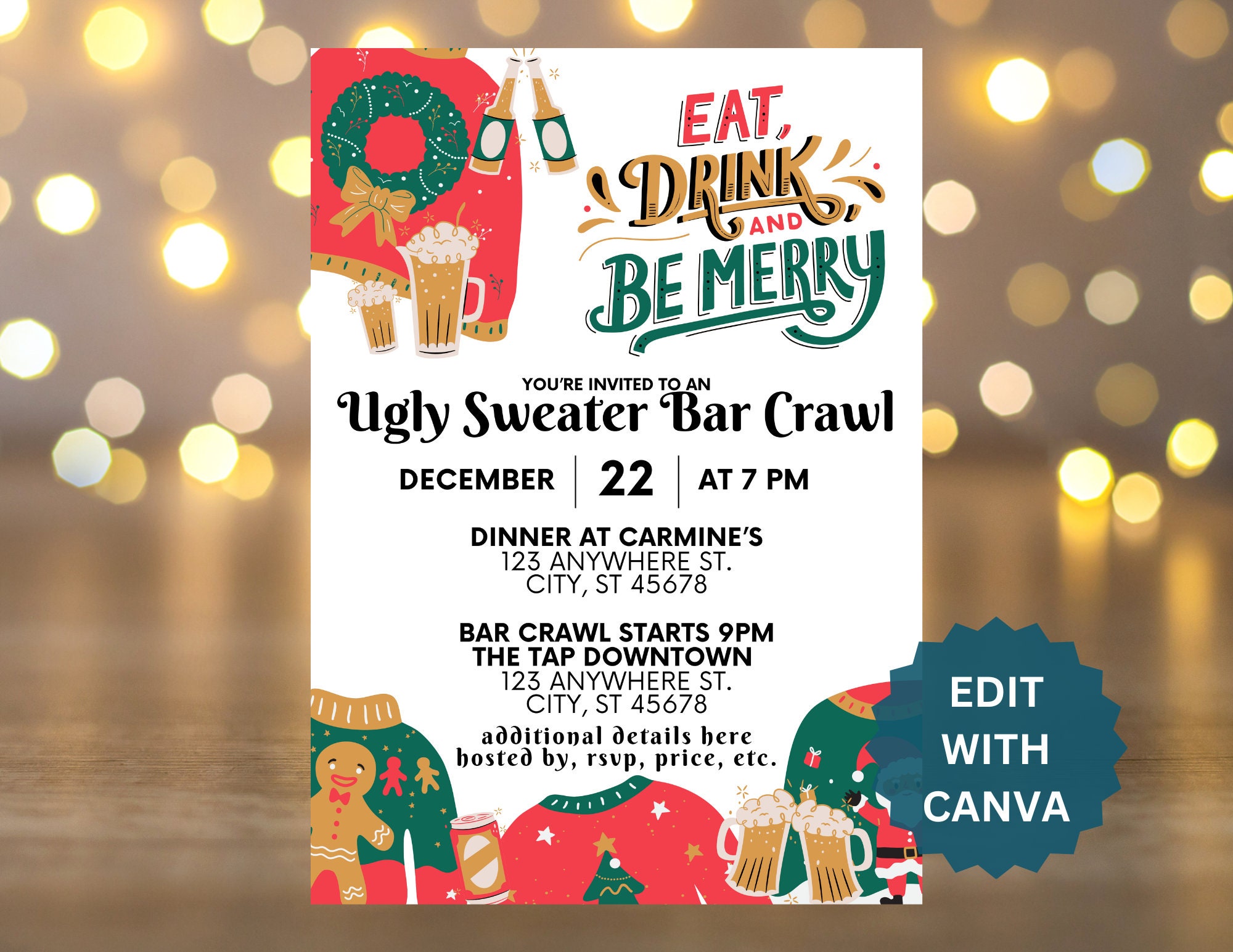 Christmas Crawl Invitation Template, Bar Pub Invite, Editable Canva - Etsy