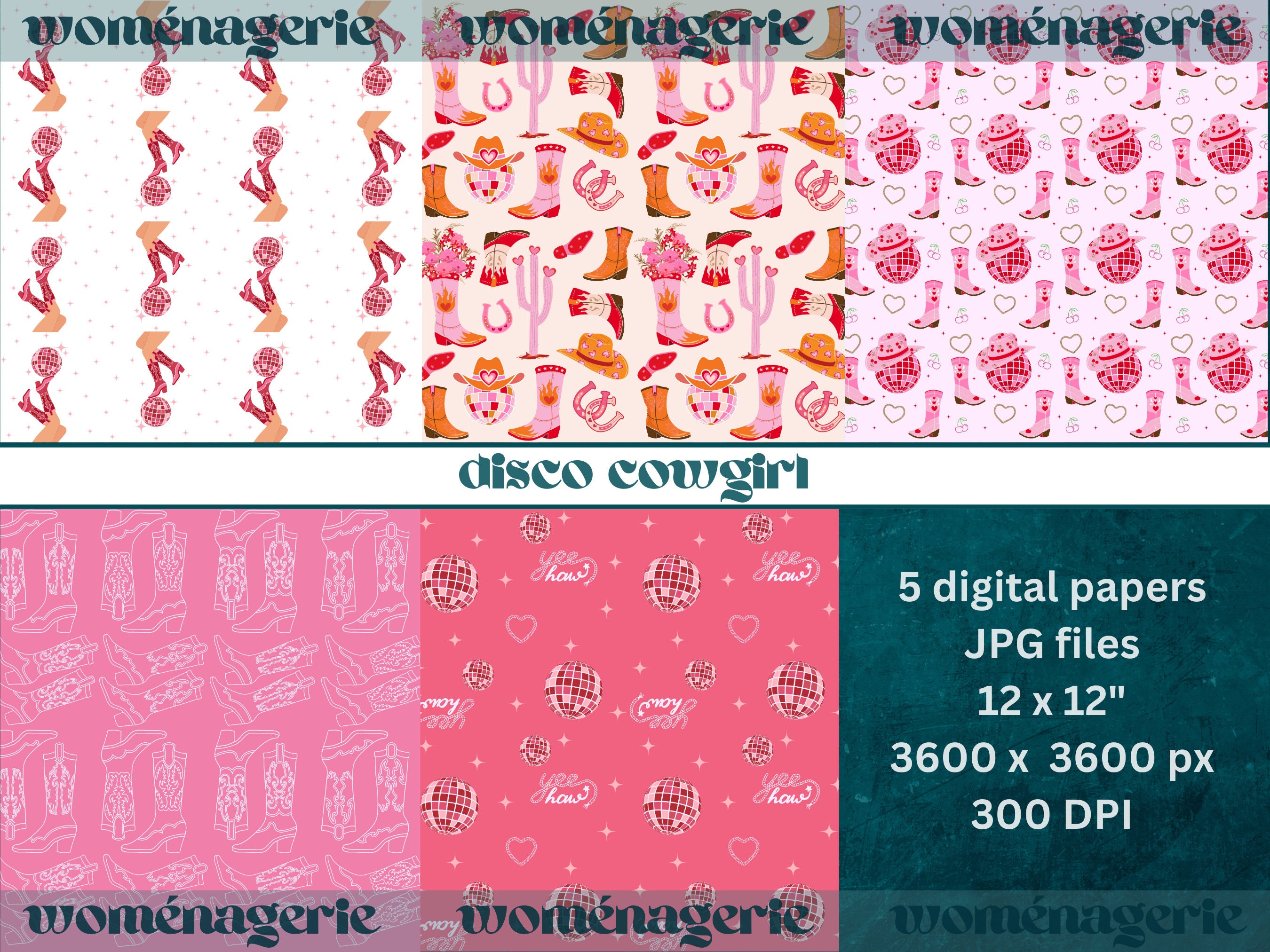 Disco Cowgirl Digital Paper, Set of 5, Pink Retro Western Theme ...