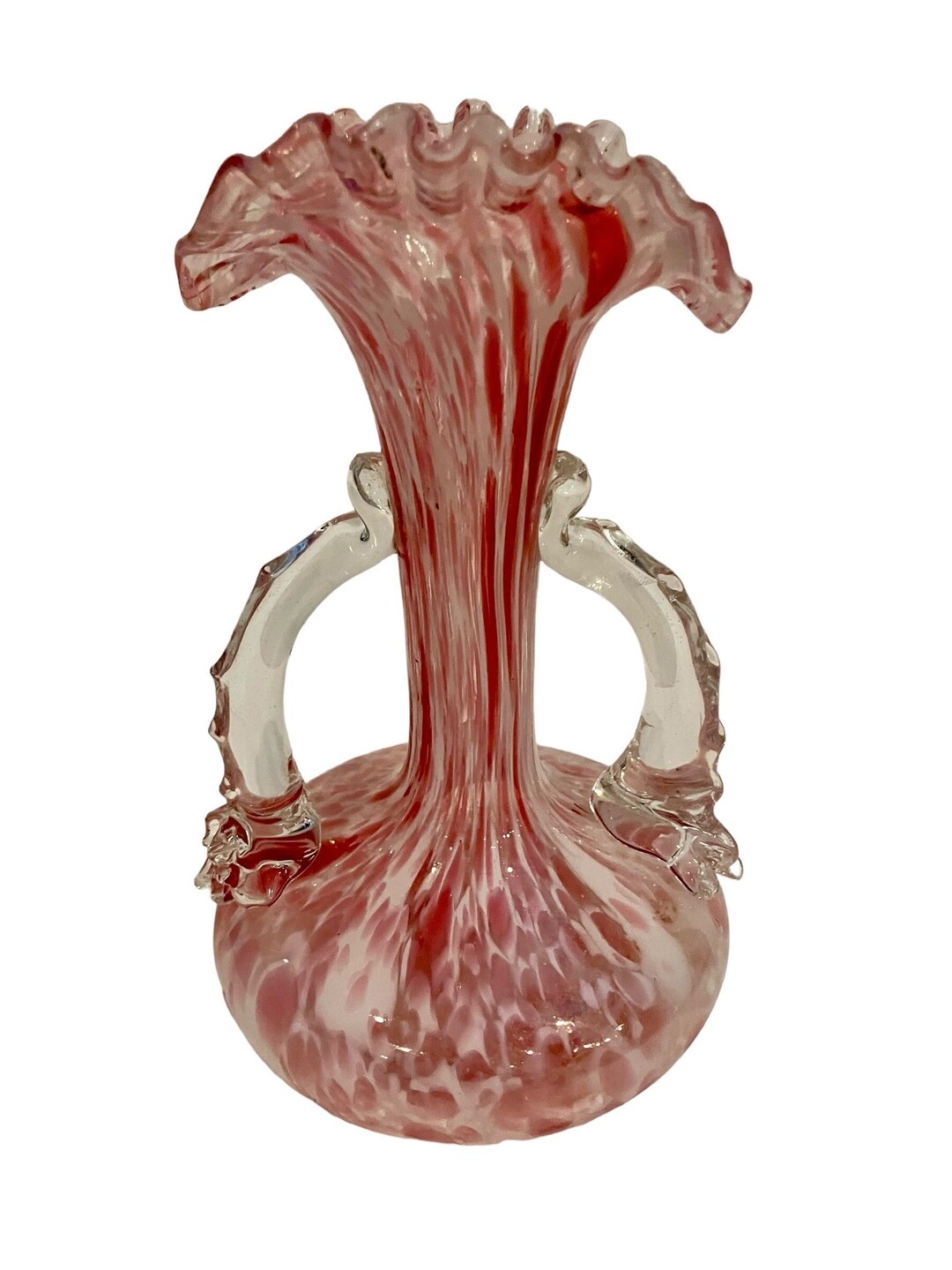 Vtg Rose Pink Swirl Art Glass Vase Two Handled Ruffled Fluted Top 6.5 ...