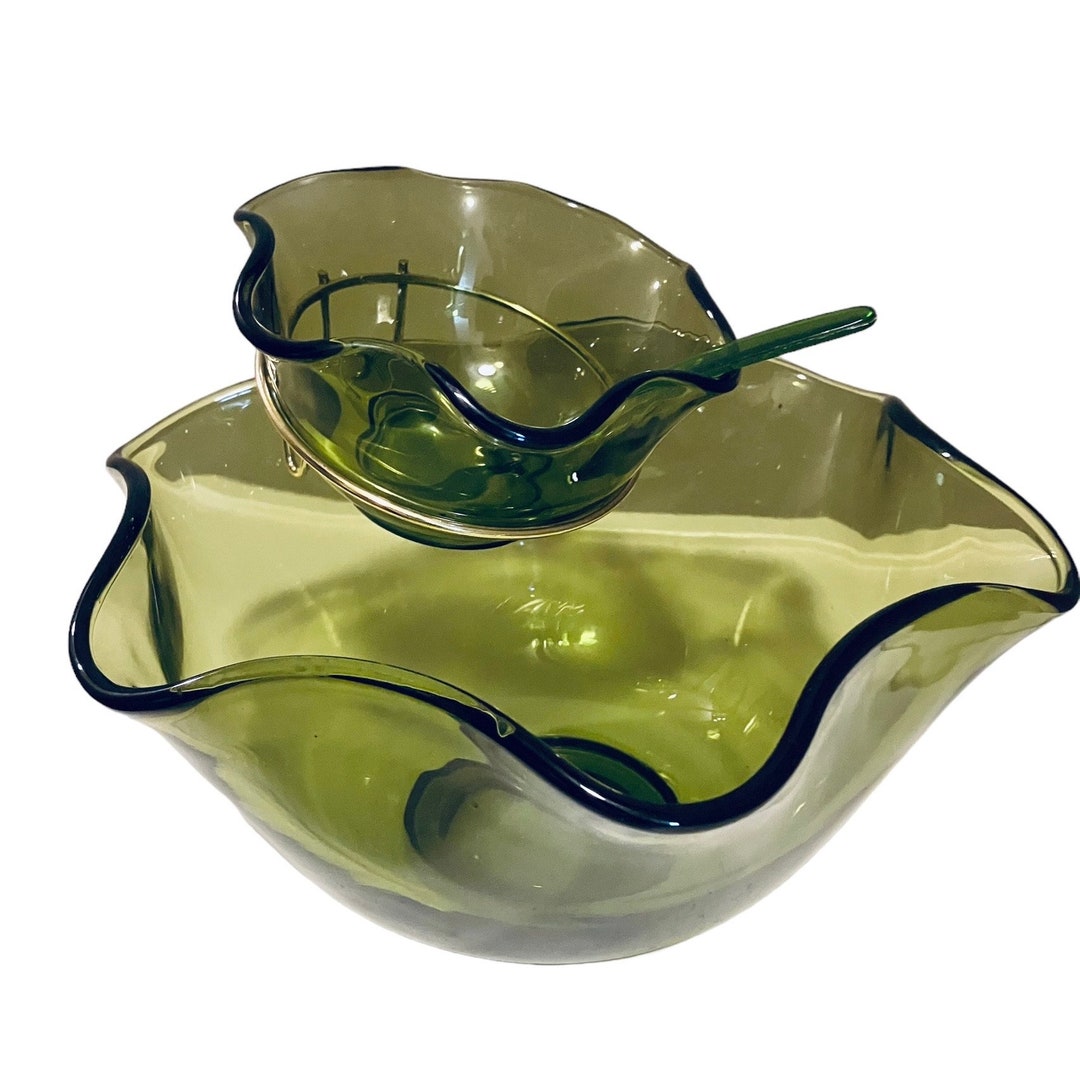 Vtg Anchor Hocking MCM Green Glass Scalloped Chip and Dip Set With Orig ...