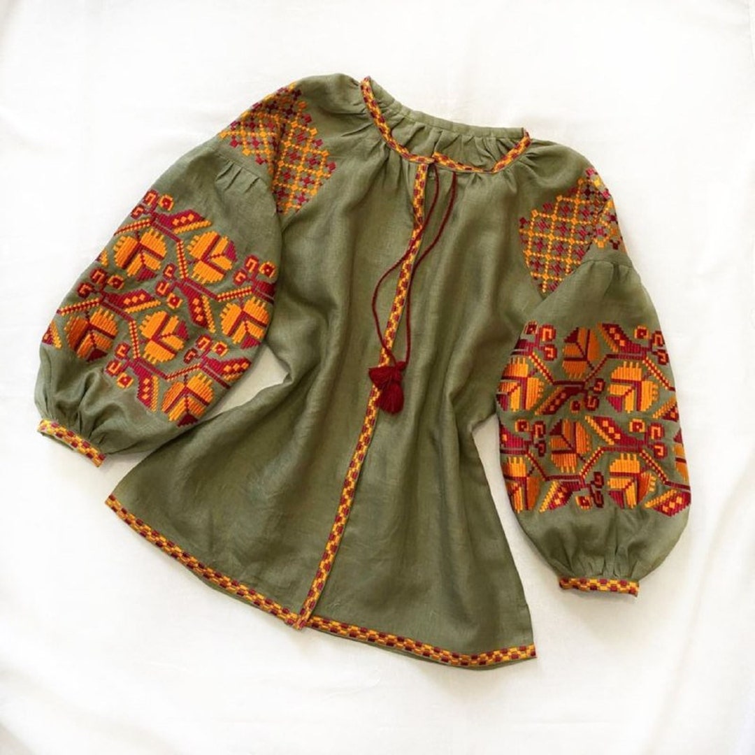 Khaki Vyshyvanka Blouse Ukrainian Linen Boho Embroidered Shirt Orange ...