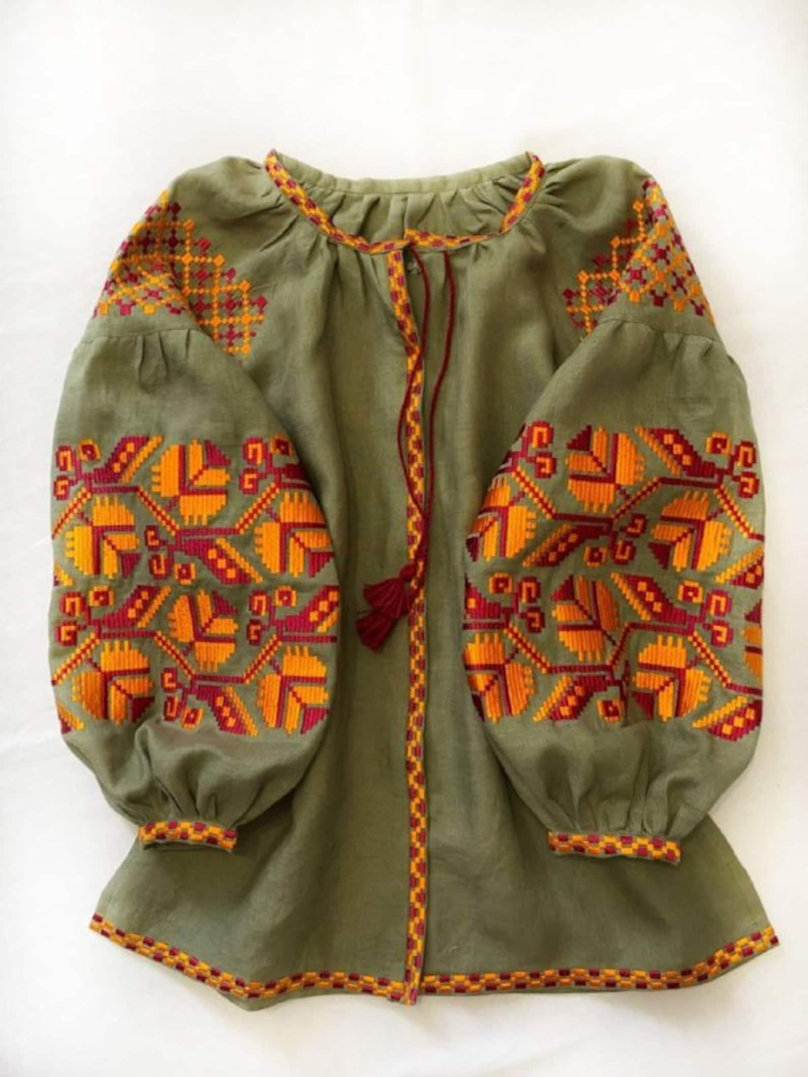 Khaki Vyshyvanka Blouse Ukrainian Linen Boho Embroidered Shirt Orange ...