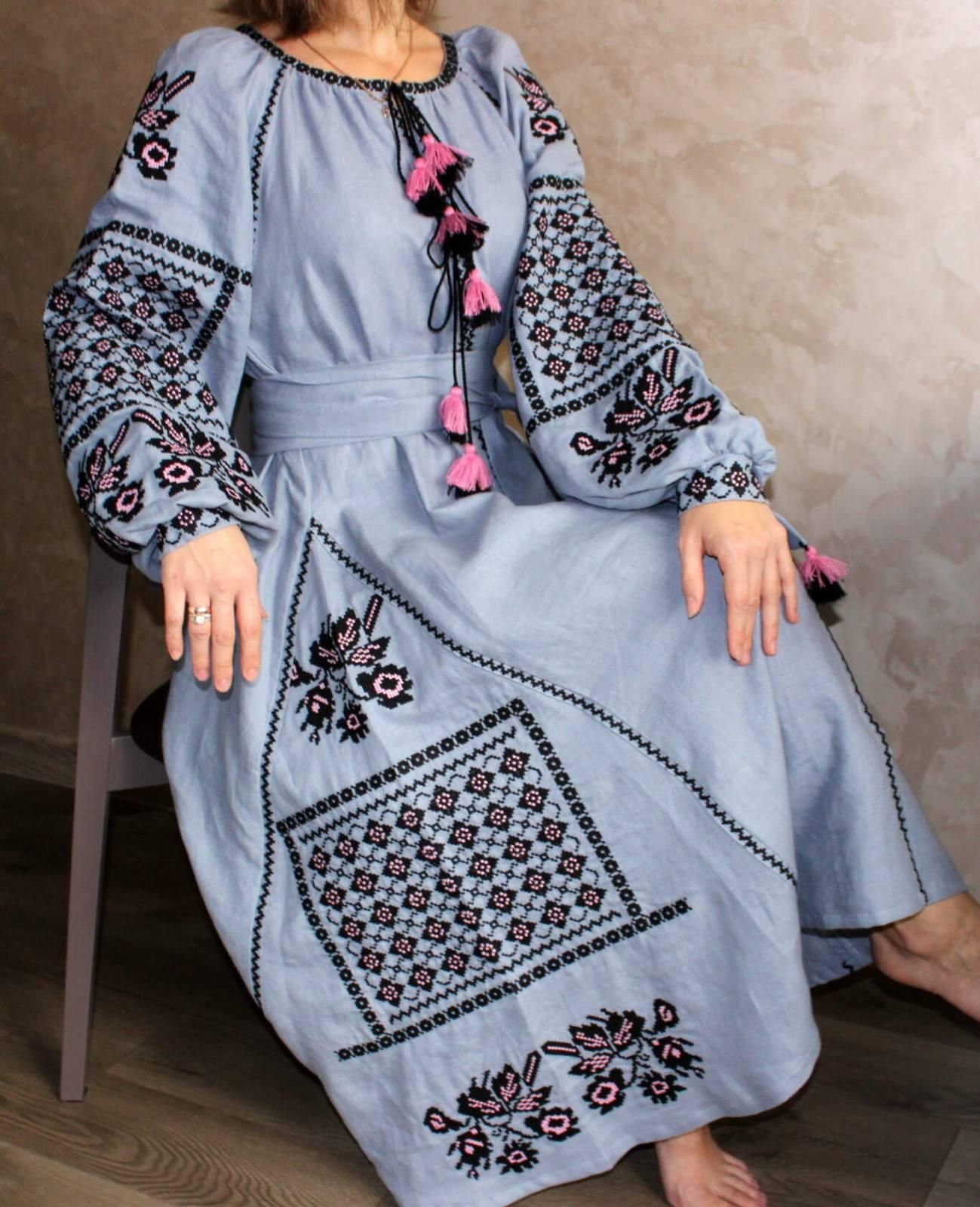 Grey Embroidered Dress Boho Style Long Linen Dress Ukrainian Vyshyvanka ...