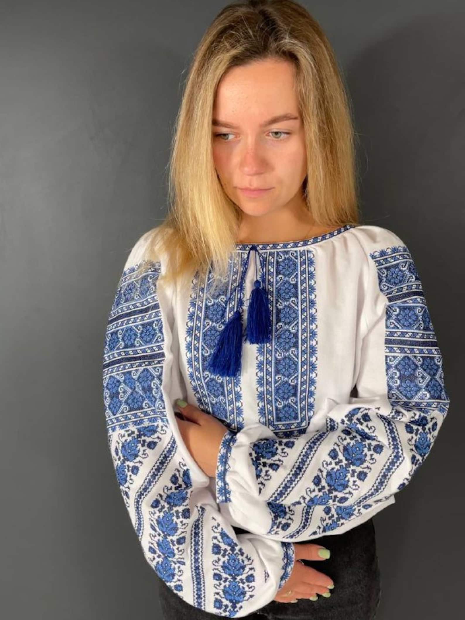 Traditional Ukrainian Embroidery Blouse Blue Cross Stitched - Etsy