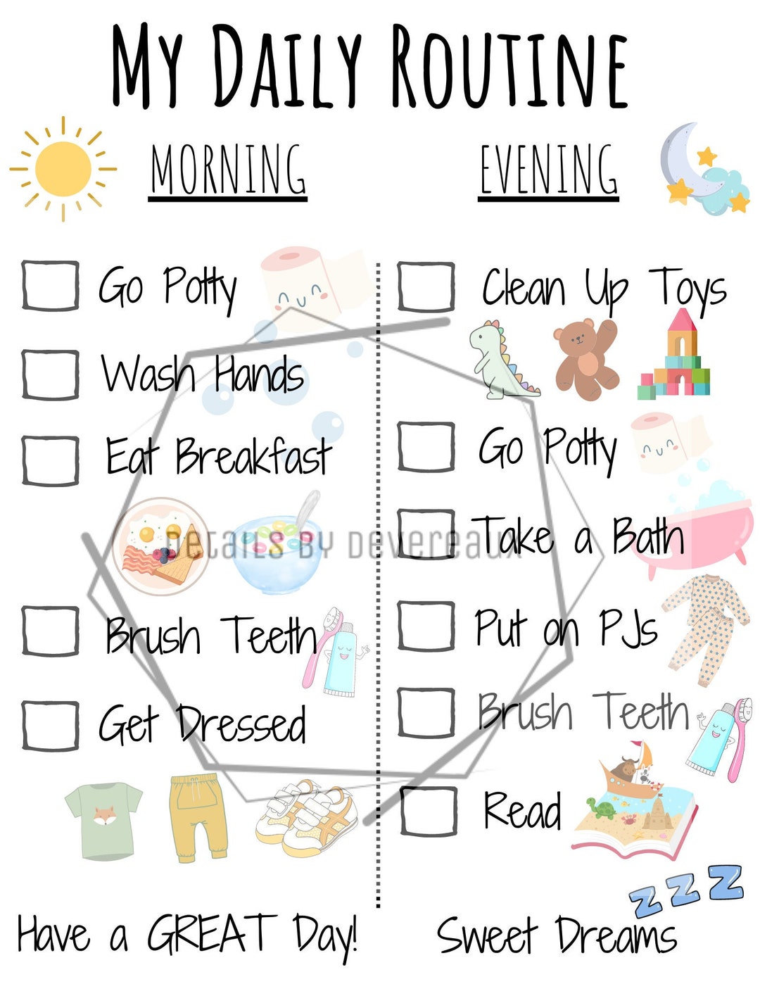 Kid's Morning & Evening Routine Chart in 2 Sizes (printable - Instant ...