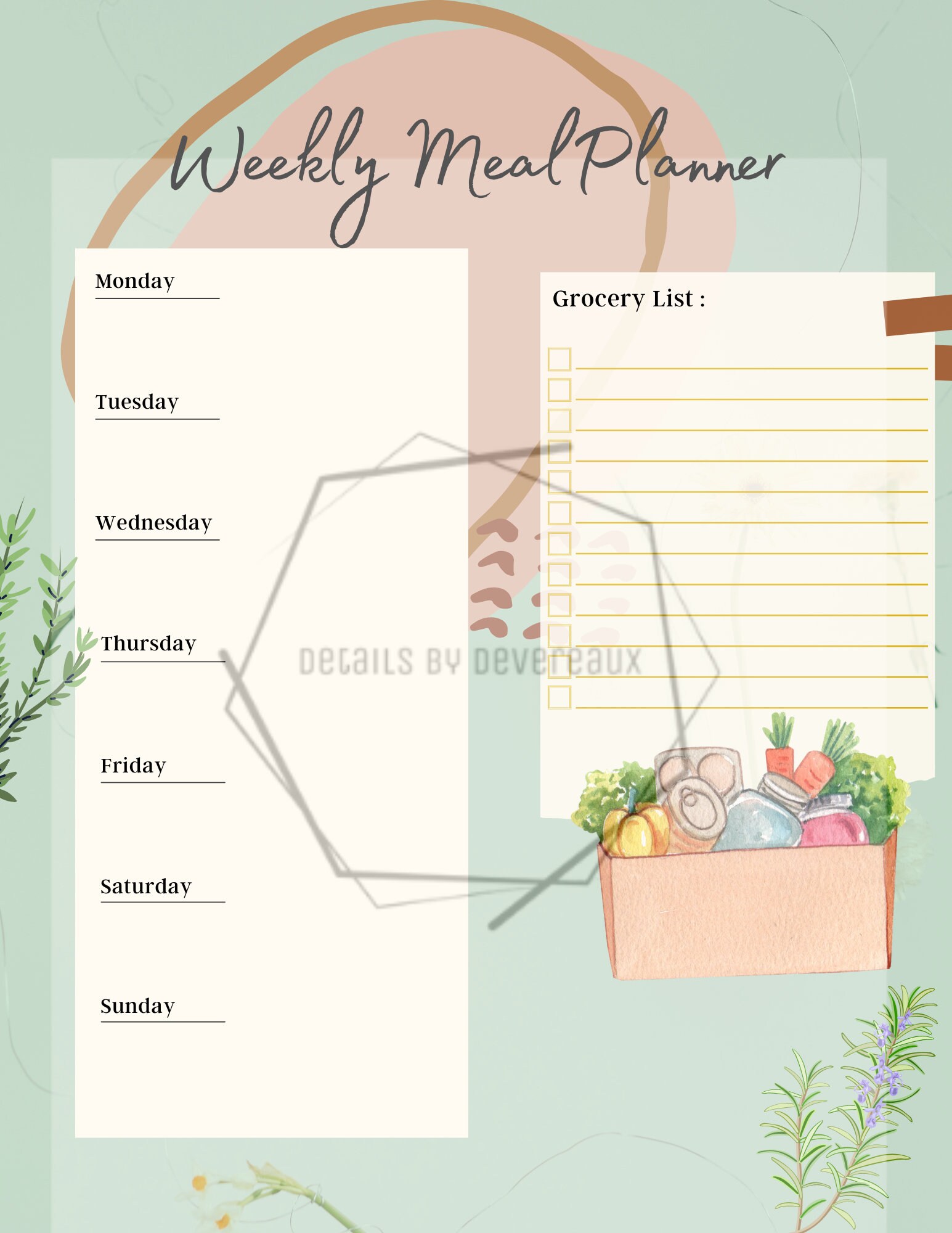 Printable Instant Download Weekly Meal Planner Template, Digital ...