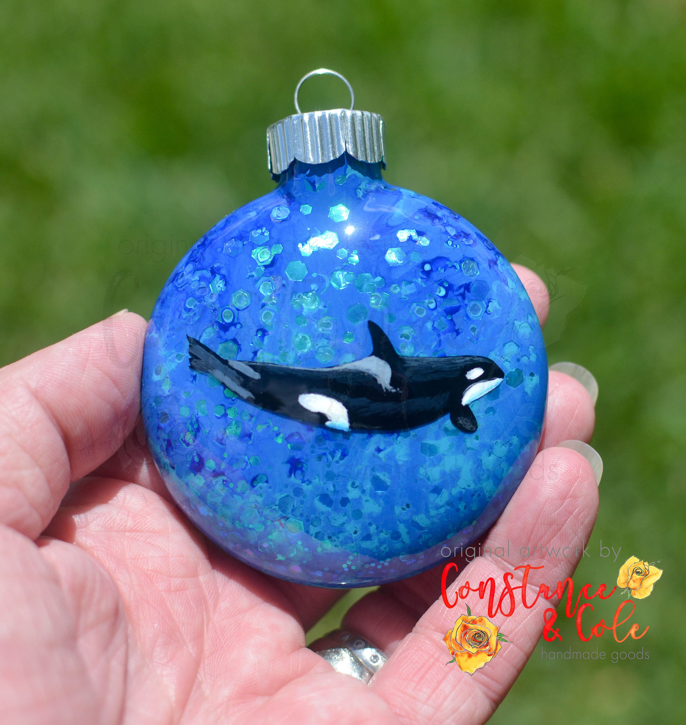 Hand Painted Orca Ornament on Glass Disk, Killer Whale Ornament, Ocean ...