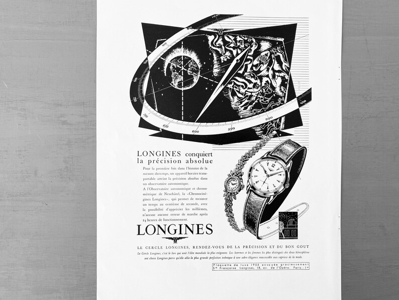 Original 1950s Vintage Longines Ad Poster: Swiss Watch Print, Mid ...