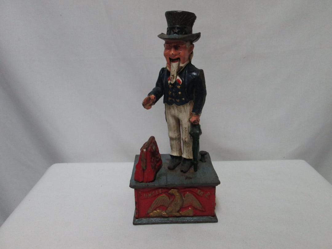 Vintage Cast Iron "uncle Sam" Toy Coin Bank Eagle Red White Blue ...