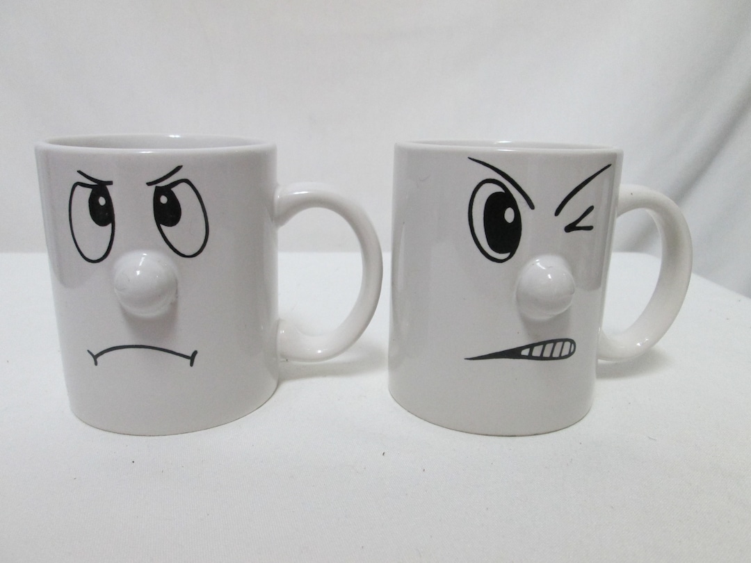 Emoji Mug Cup Set 2 Angry Faces 3D Nose Hand Painted White Black ...