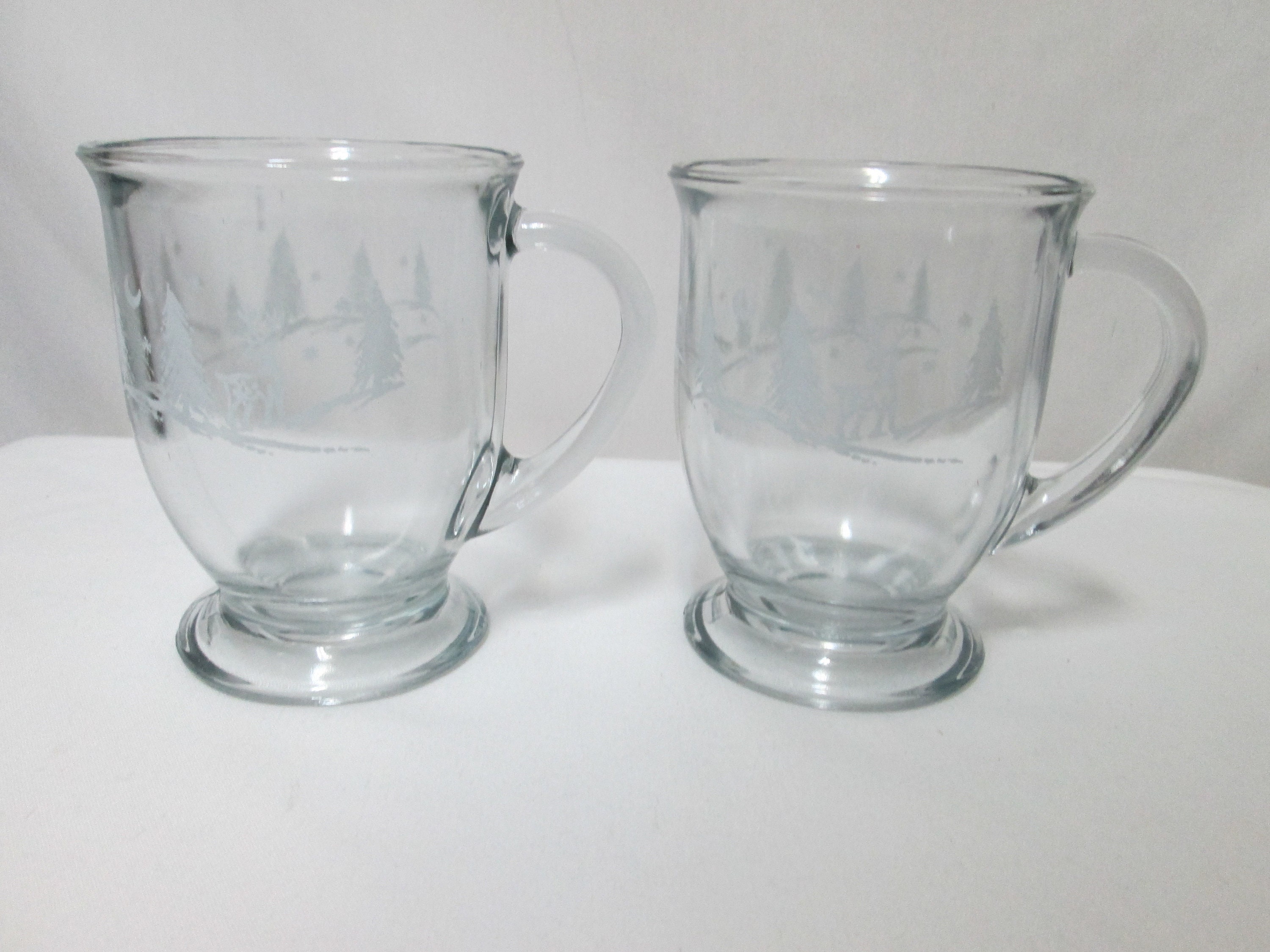 Anchor Hocking Clear Glass Pedestal Mugs Set 2 Reindeer Trees Christmas ...