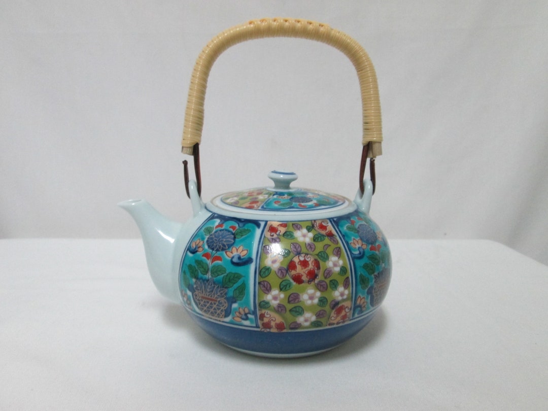 Vintage Teapot Ceramic Spout & Lid Floral Leaves Wicker Handle - Etsy