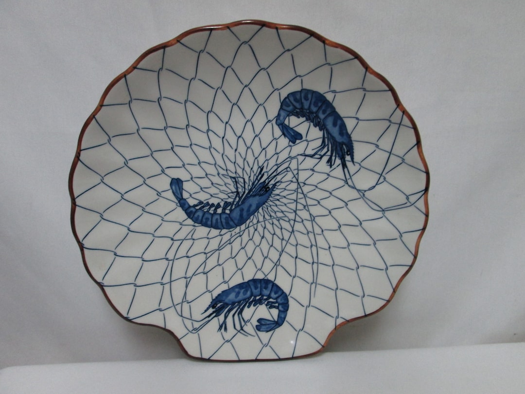 Shrimp Ceramic Serving Plate Hand Painted Shell Shaped Platter Tray ...