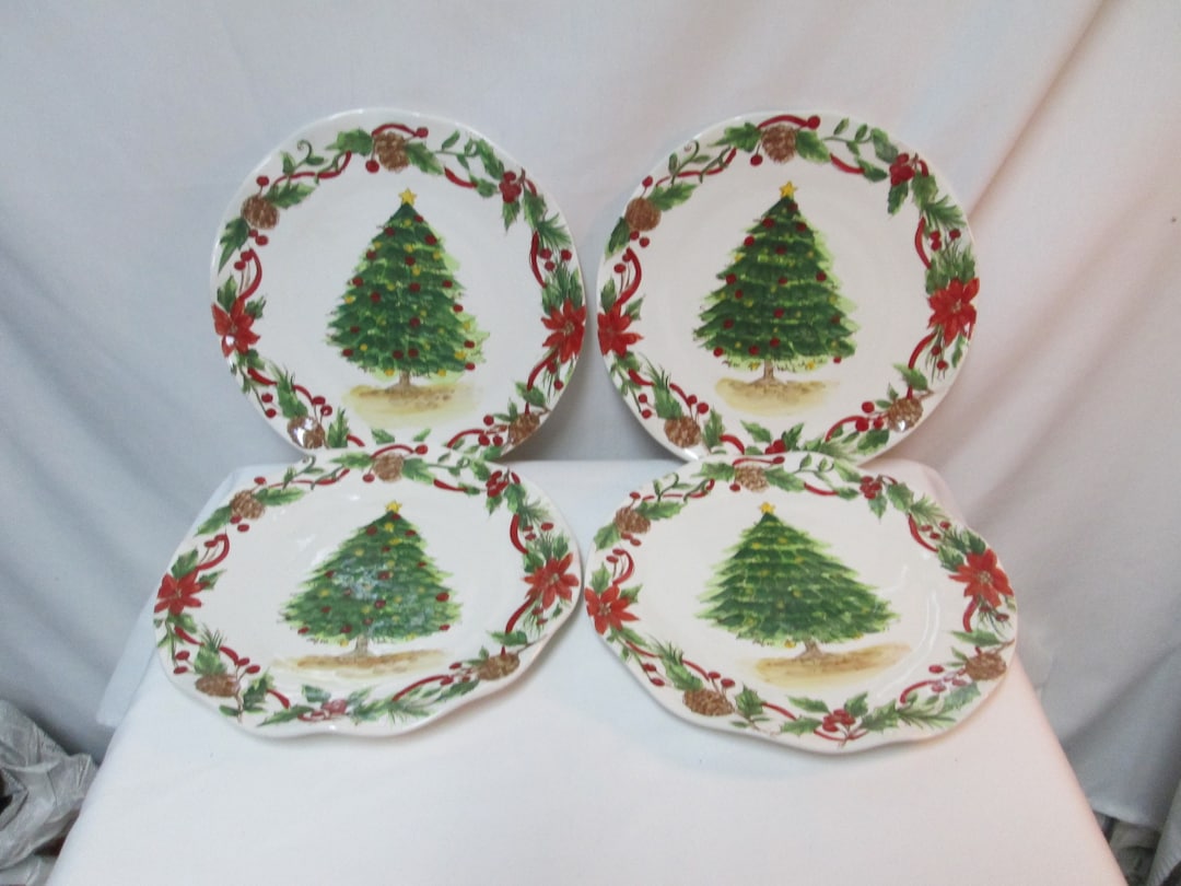 Maxcera Tree & Bough Christmas Dinner Plate Set 4 Ceramic Scalloped Red ...