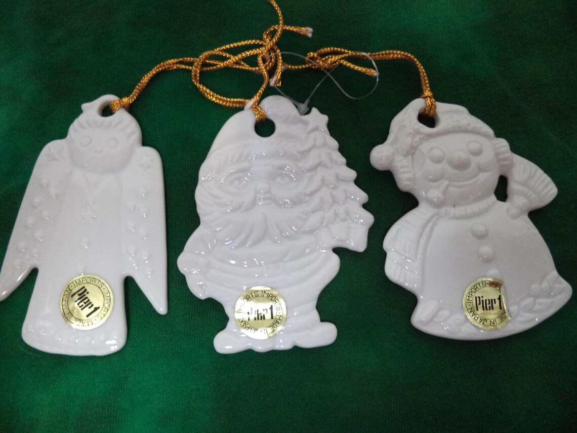 Pier 1 Vintage Ceramic Christmas Ornament Set 3 Flat Angel Santa ...