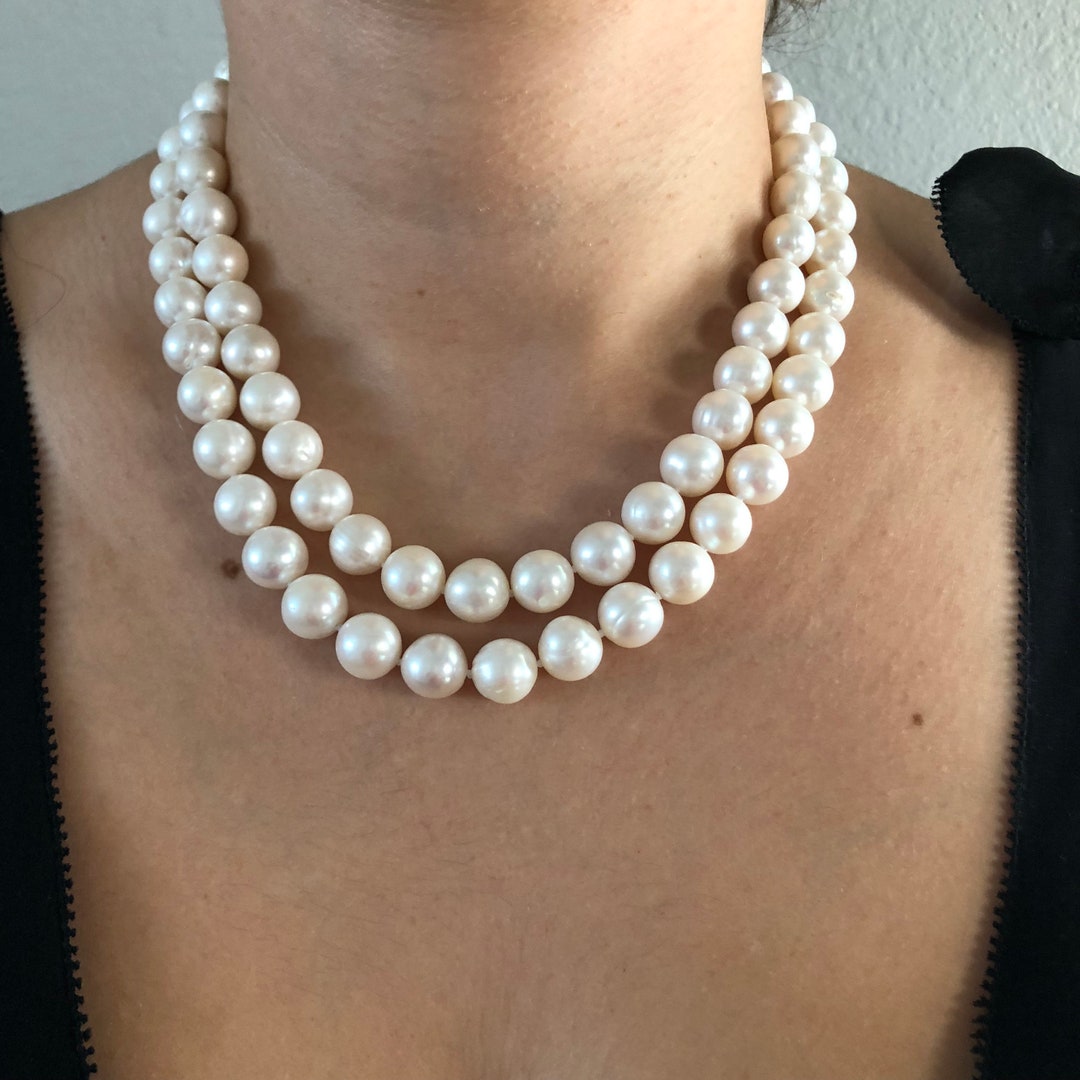 Genuine Cultured Freshwater Two Strand Pearl Necklace - White Bridal 2 ...