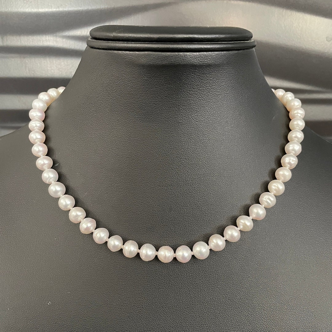 White Single Strand Cultured Freshwater Pearl Necklace With Sterling ...