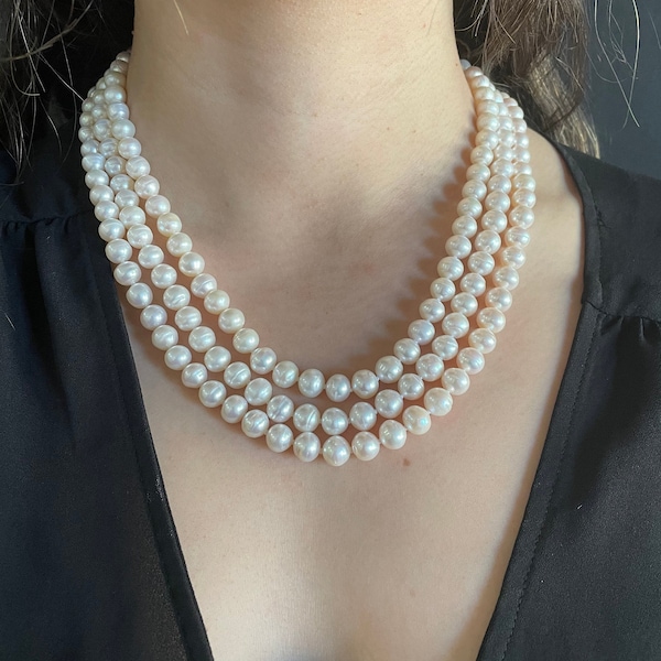 Triple Strand of Pearls Necklace - Etsy