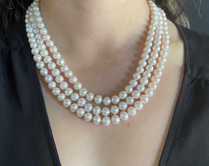 Cultured Genuine Freshwater Pearl Triple Strand Jackie O Necklace Three