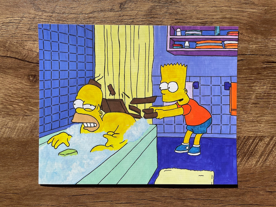 The Simpsons Homer and Bart Bathroom Gouache Illustration Wall Art ...