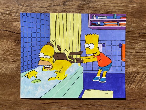 The Simpsons Homer and Bart Bathroom Gouache Illustration Wall | Etsy
