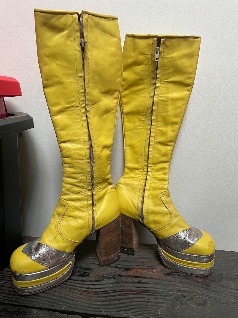 Jumpin Jack Flash Custom Yellow Silver Leather Tall Boots - 1970s Glam ...