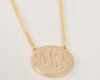 Large Solid Gold Engraved Initial Pendant Necklace Hand | Etsy