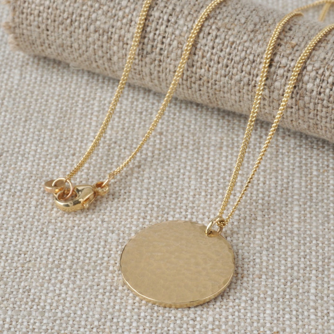 Hammered Disc Necklace / Large Handmade Disc Pendant / Solid Gold ...