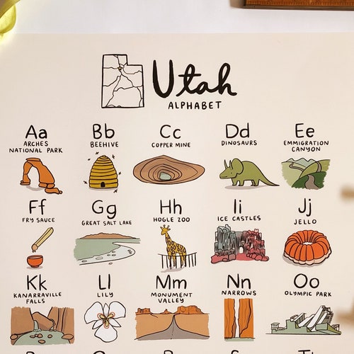 Utah Alphabet Poster 16x20 State Map Art Nursery Baby Room - Etsy
