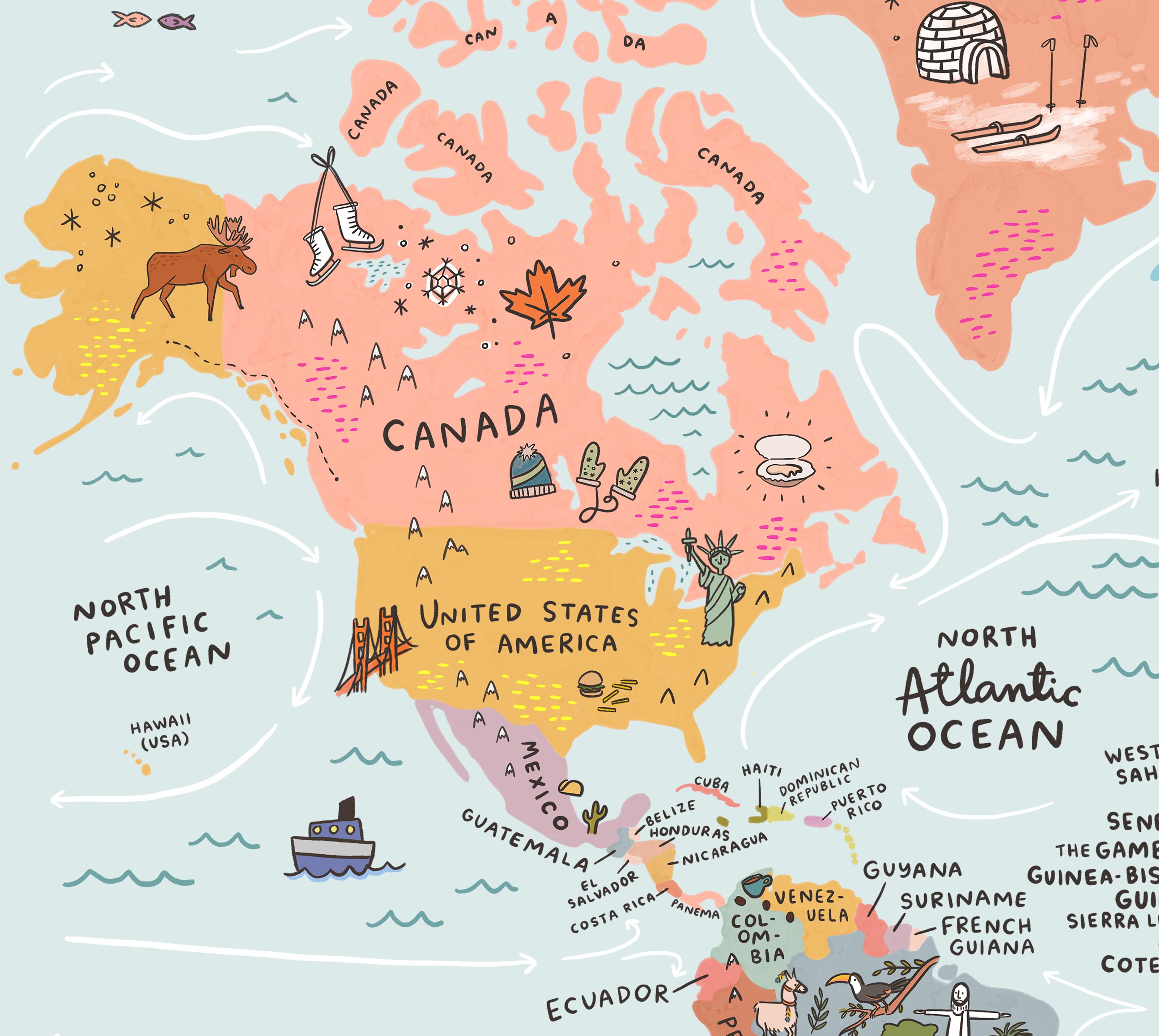 Illustrated World Map Poster - Travel Map Globe, Travel Art Poster ...
