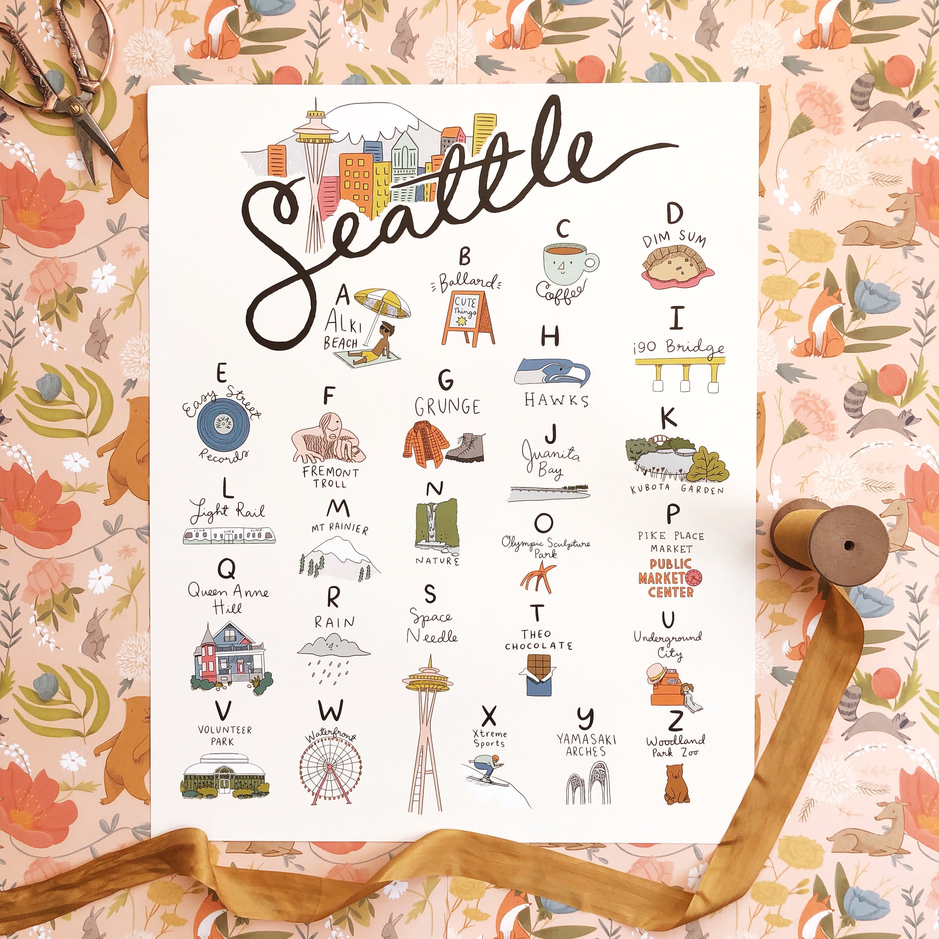 Seattle Washington Alphabet Art Print Poster - ABC WA Wall Decor Space ...