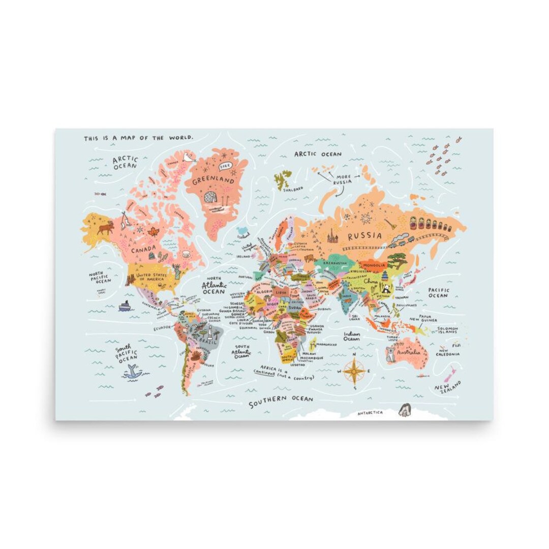 Illustrated World Map Poster Travel Map Globe, Travel Art Poster ...