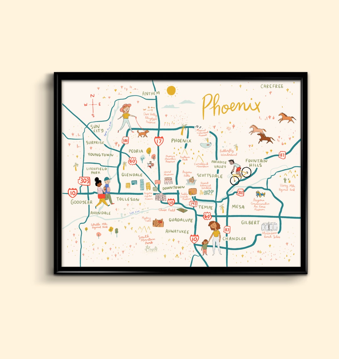 Phoenix Map Art Print - Illustrated Arizona Poster 8x10 11x14 ...