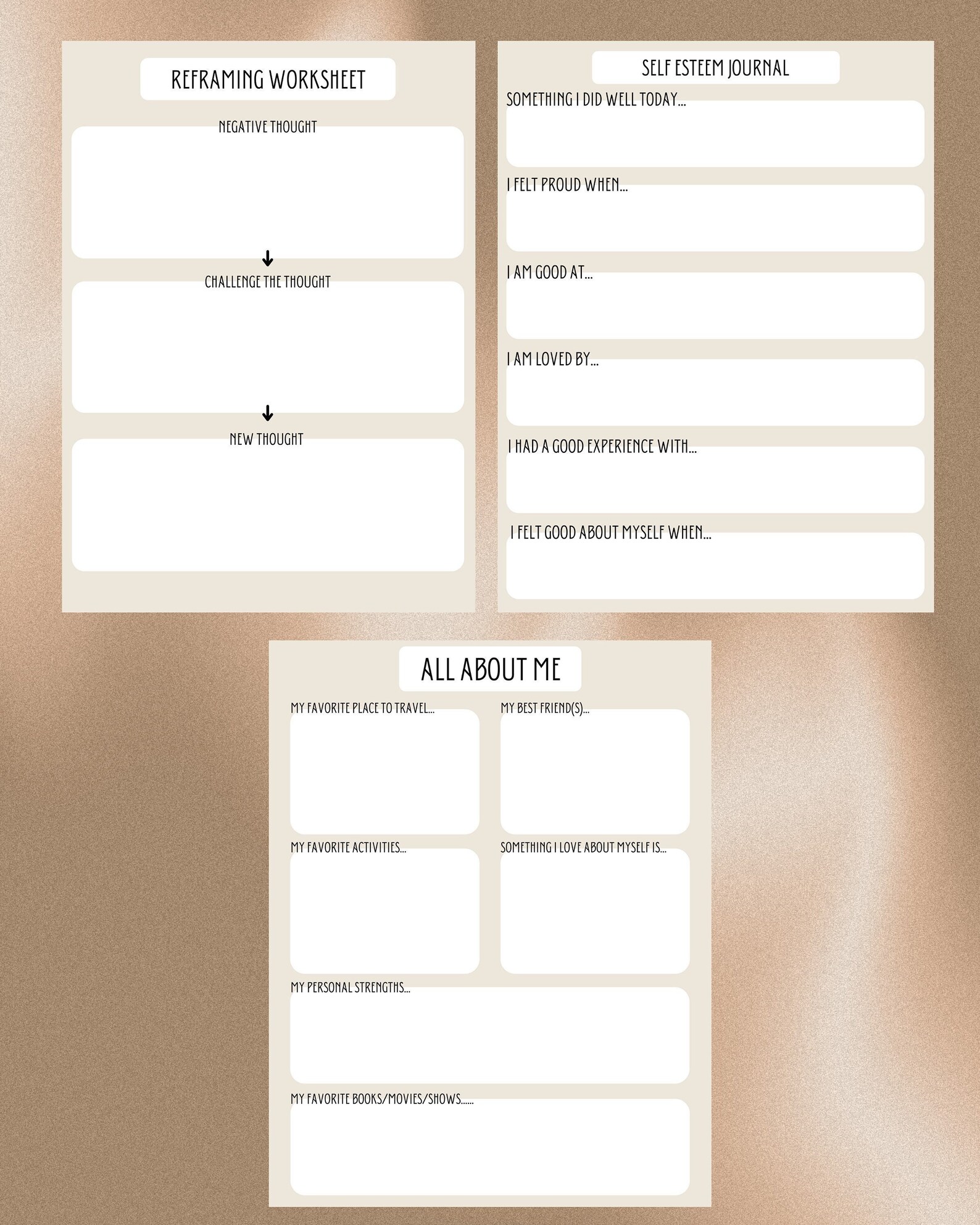 Therapist Worksheets Bundle - Self-esteem Journal, All About Me, and ...