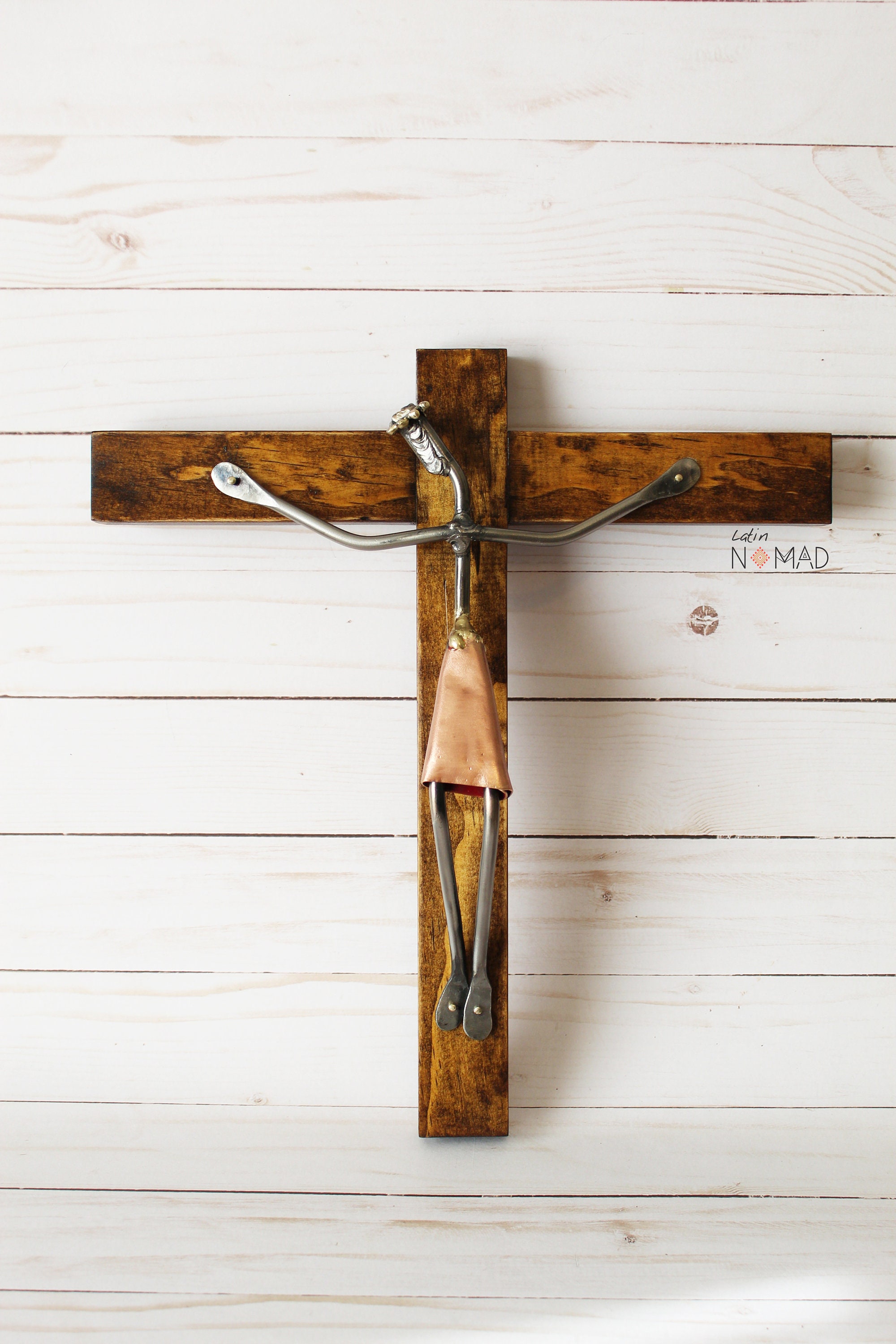 Modern Mid-Century Crucifix; Christian Cross Wall Decor Wood, Iron ...